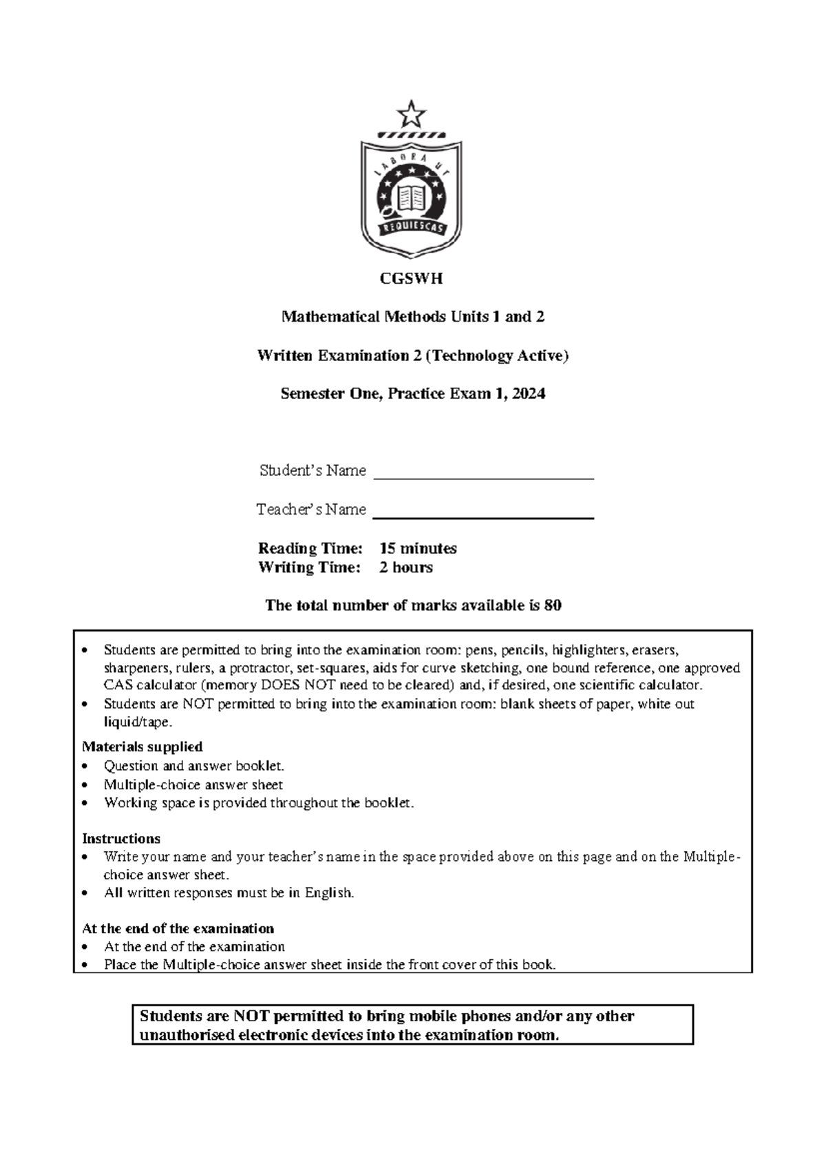Mathematical Methods UNIT 1 EXAM 2(Tech Active) - CGSWH Mathematical Methods Units 1 and 2 ...
