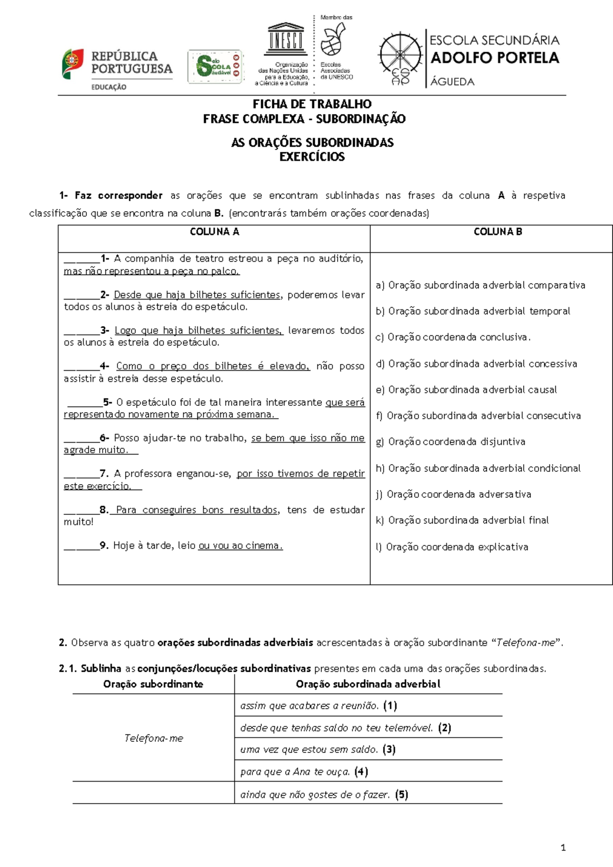 Frase Complexa coordenação e subordinação - FICHA DE TRABALHO FRASE ...