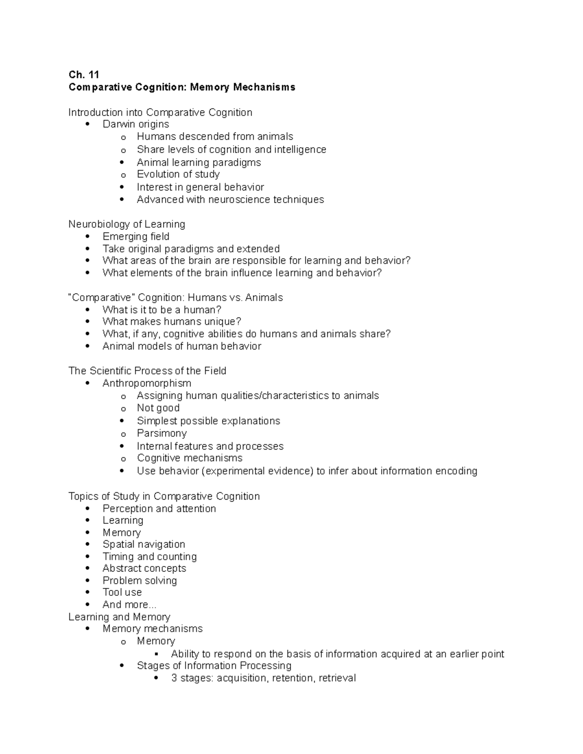 BLP Unit 3 Ch 11 - Katherine Dyer - Ch. 11 Comparative Cognition: Memory Mechanisms Introduction ...