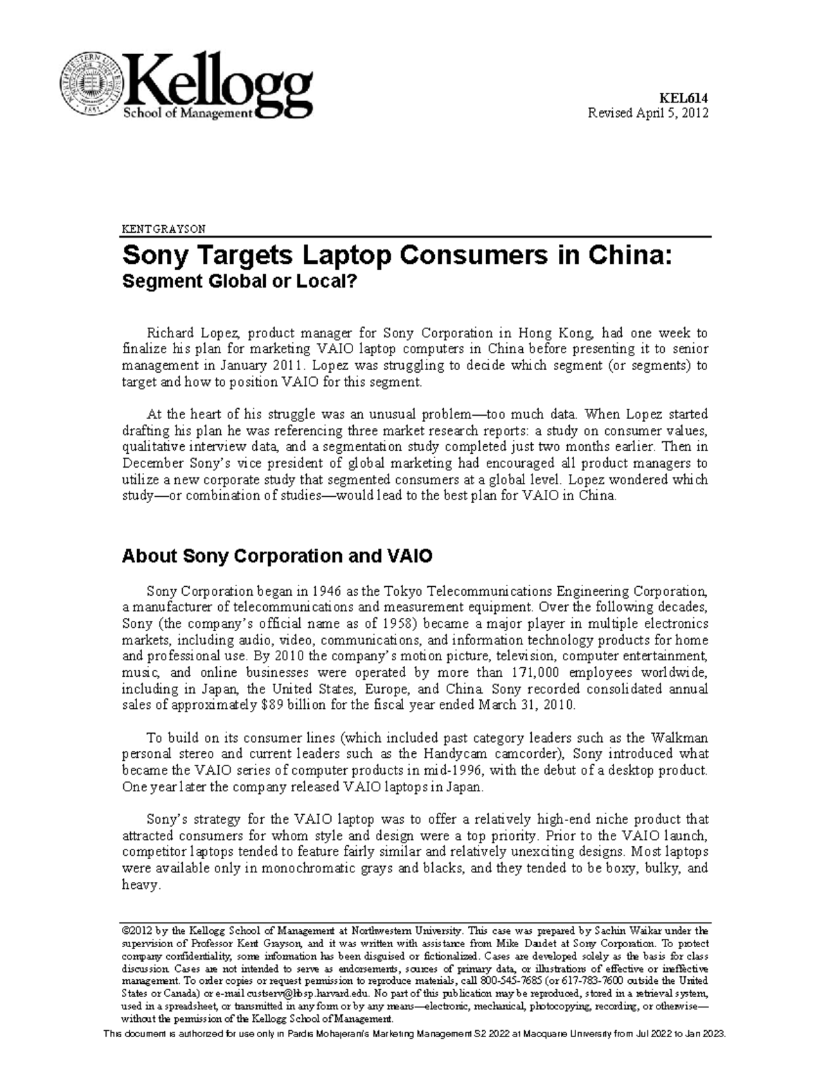 SONY - marketing outline for sony - KEL Revised April 5, 2012 ©2012 by ...