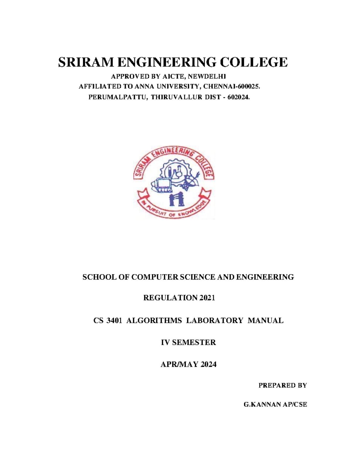 Algorithm lab final merged - SRIRAM ENGINEERING COLLEGE APPROVED BY ...
