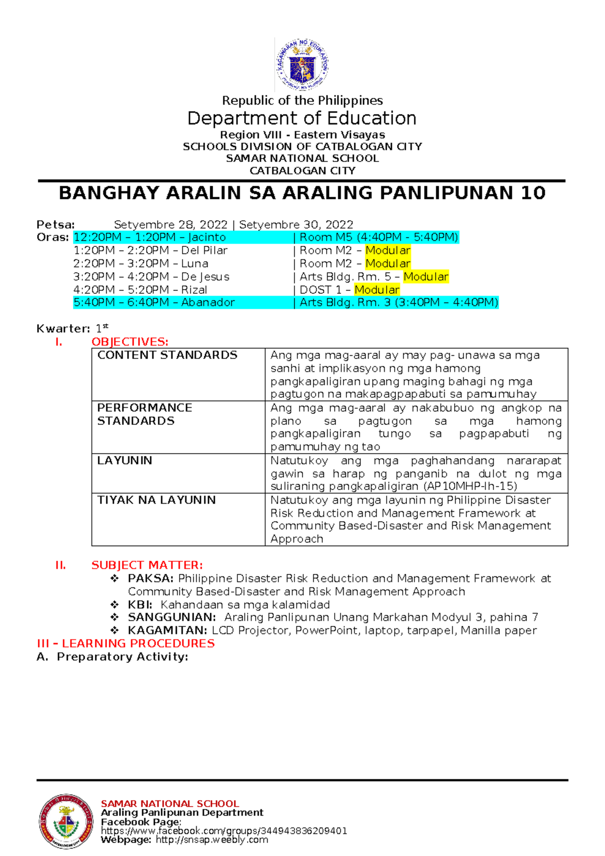 Lesson PLAN - WEEK 5 - Pdrrmf - SAMAR NATIONAL SCHOOL Araling ...
