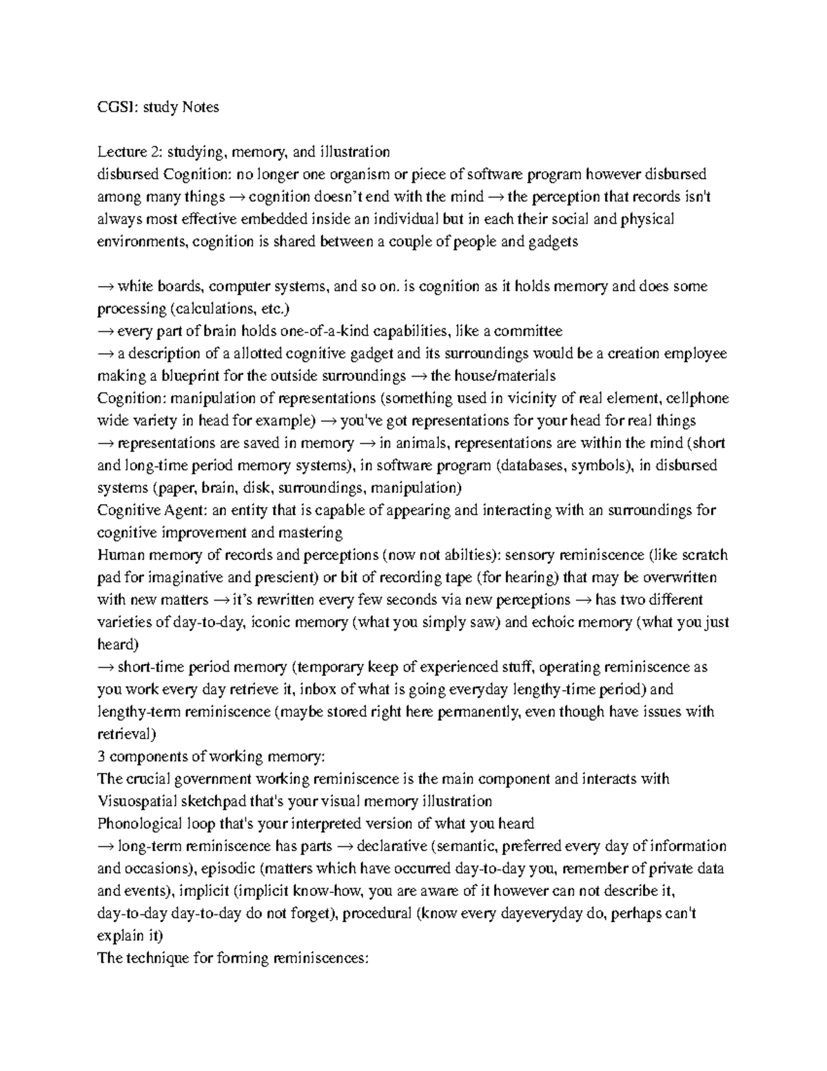 Cgsc 1001 Lecture Notes - CGSI: study Notes Lecture 2: studying, memory ...