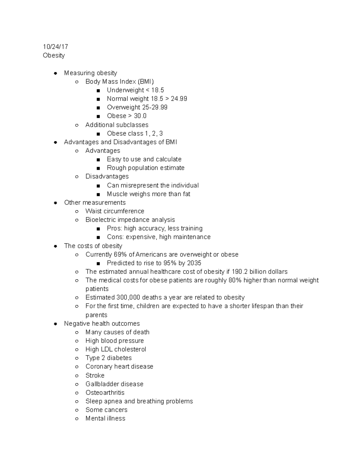Week 10 Lecture Notes - 10/24/17 Obesity Measuring obesity Body Mass ...