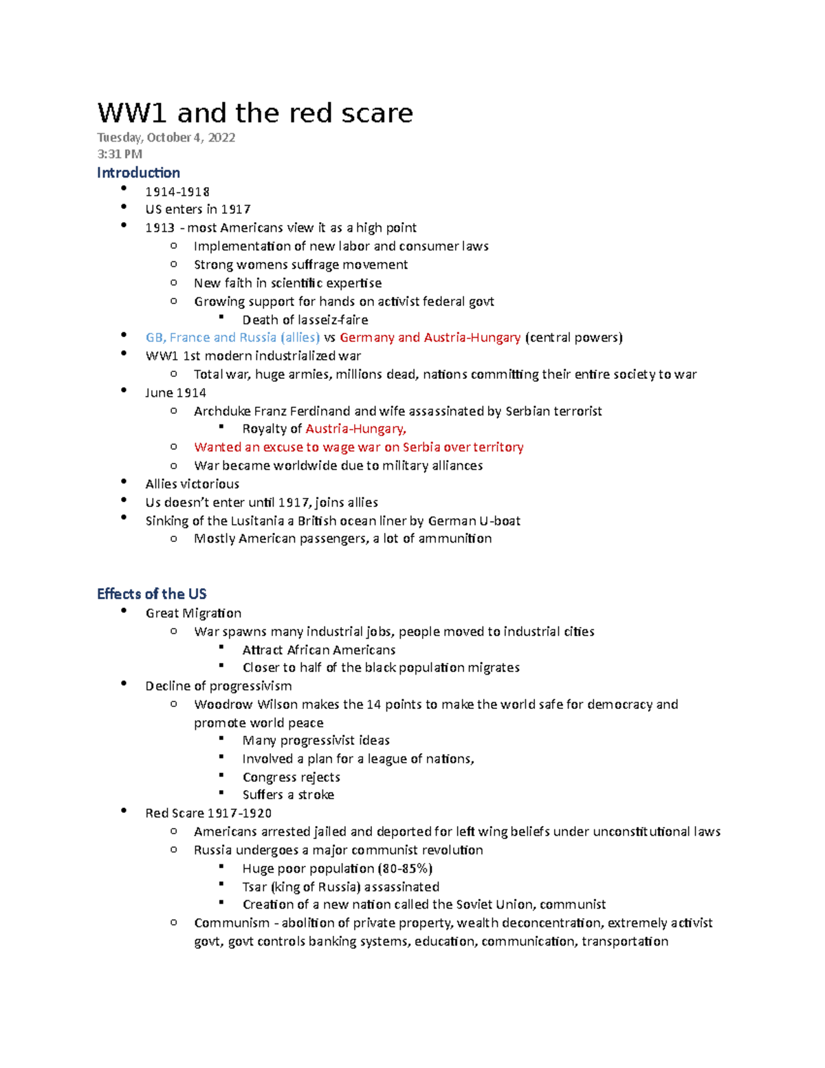 WW1andtheredscare hist2112 - WW1 and the red scare Tuesday, October 4 ...