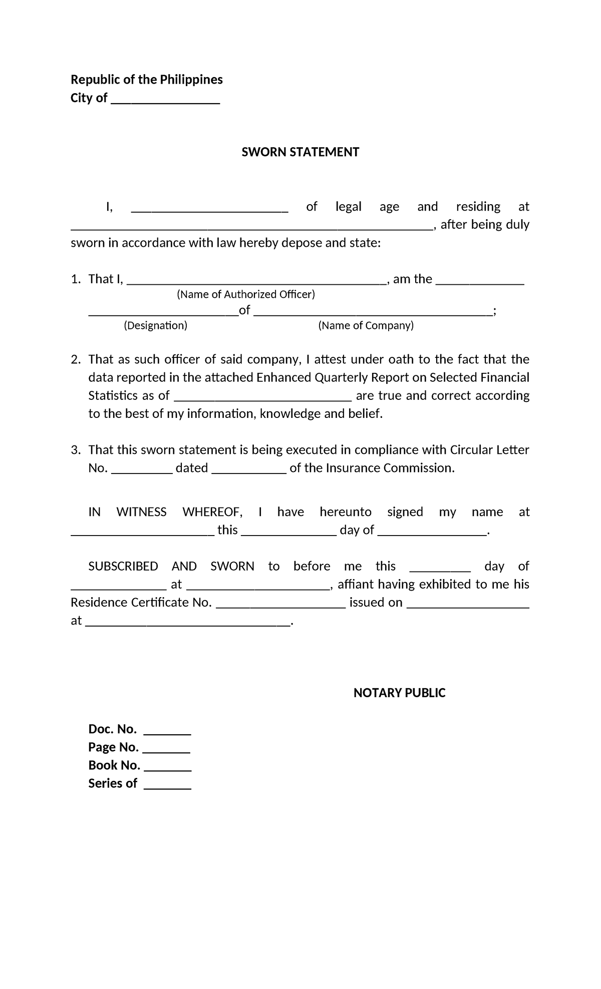 Annex E Sworn Statement - Republic of the Philippines City of ...