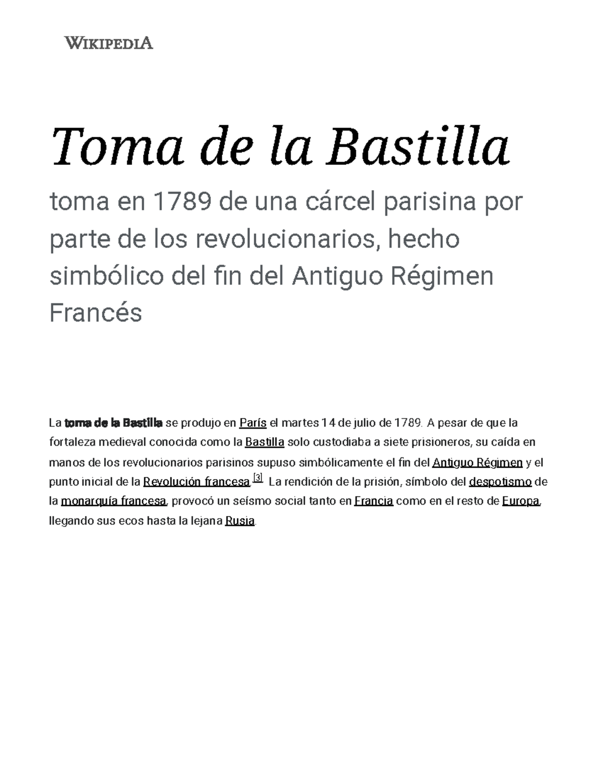 Toma de la Bastilla - Wikipedia, la enciclopedia libre - Toma de la ...