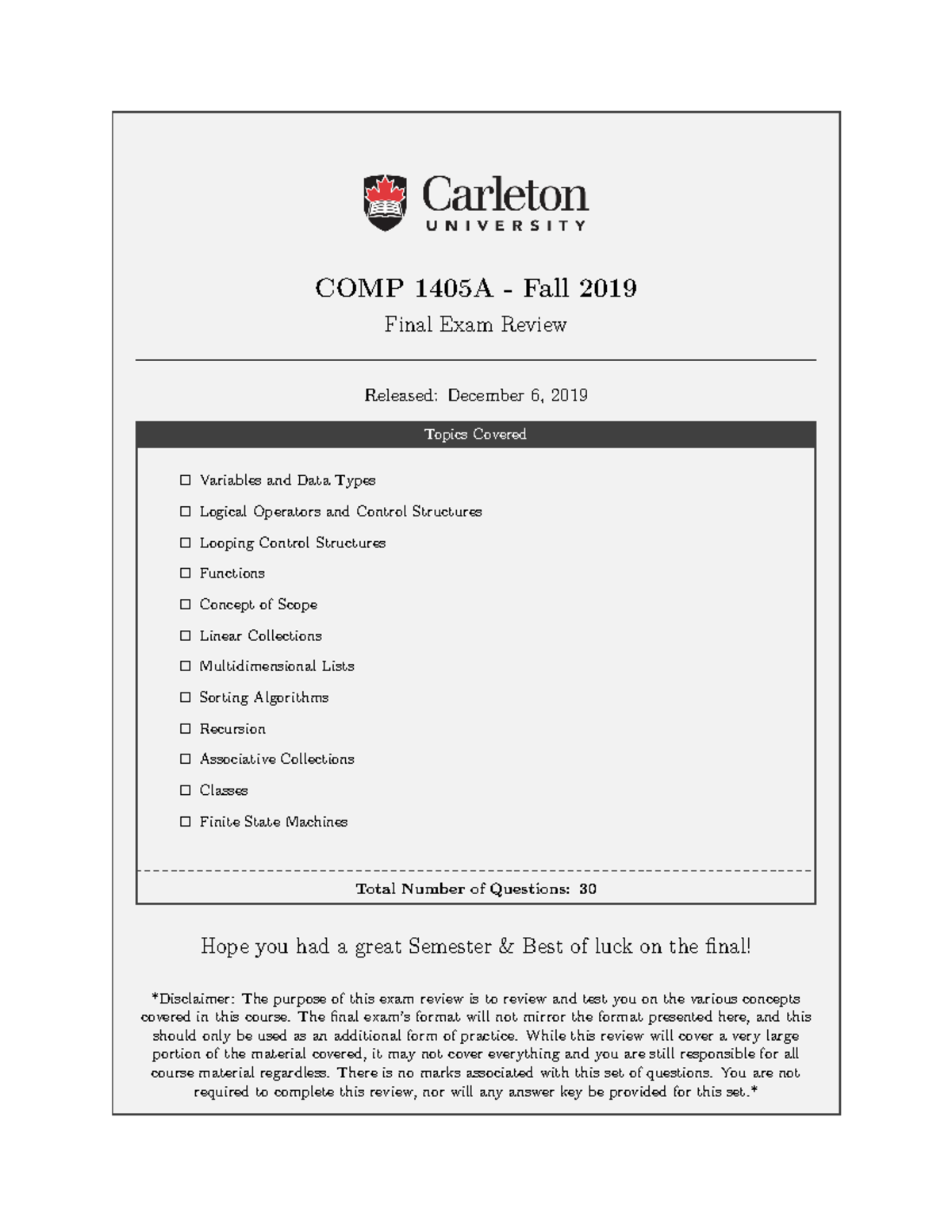 COMP1405 Final Exam review - COMP 1405A - Fall 2019 Final Exam Review ...