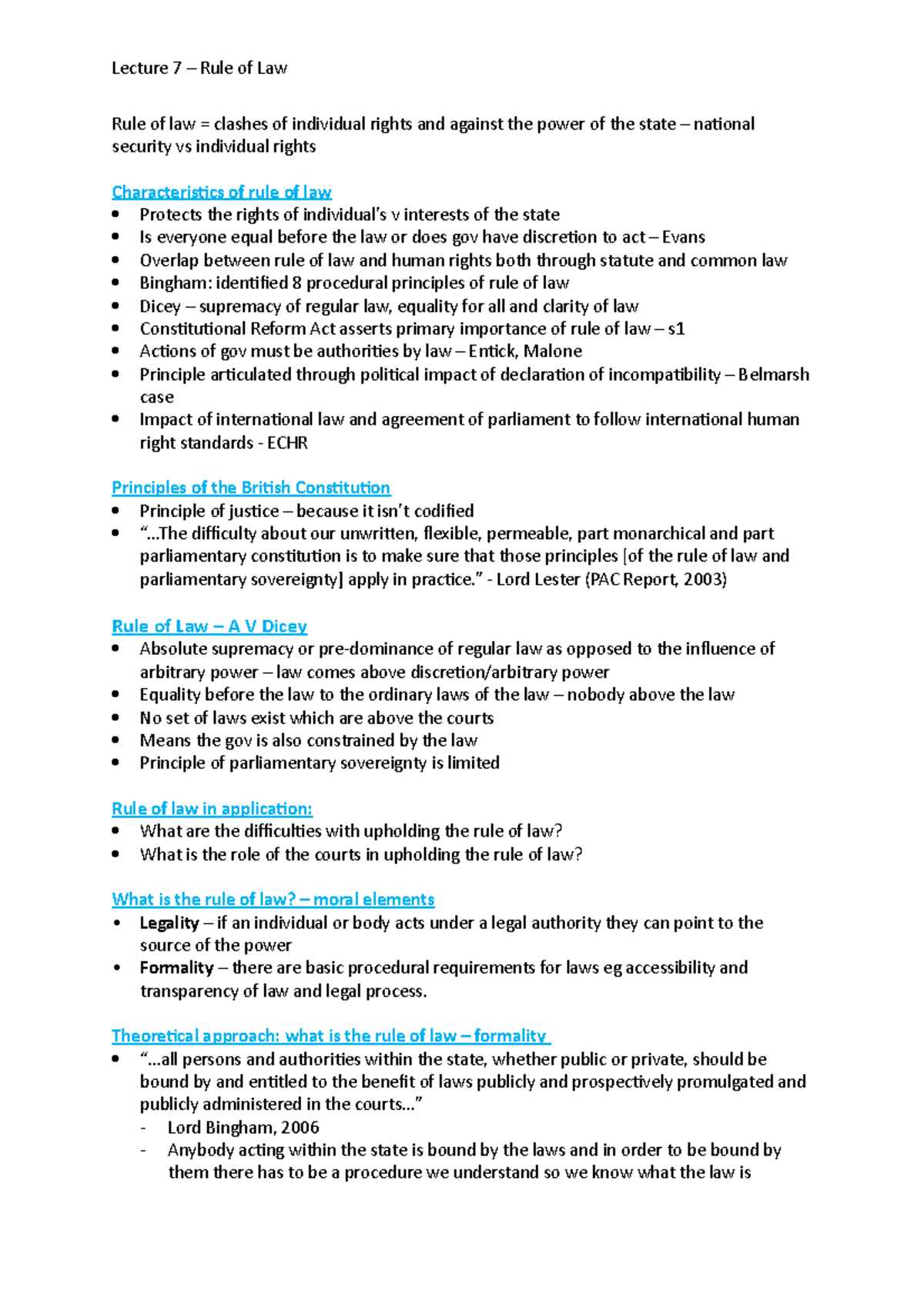 Lecture 7 - Rule of Law - Rule of law = clashes of individual rights ...