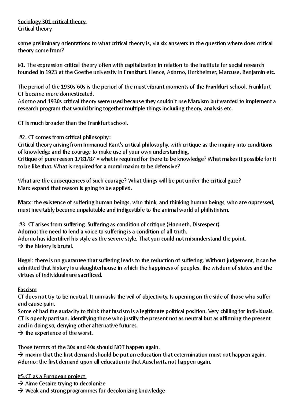 Sociol 301 - Lecture notes 1-10 - Sociology 301 critical theory ...