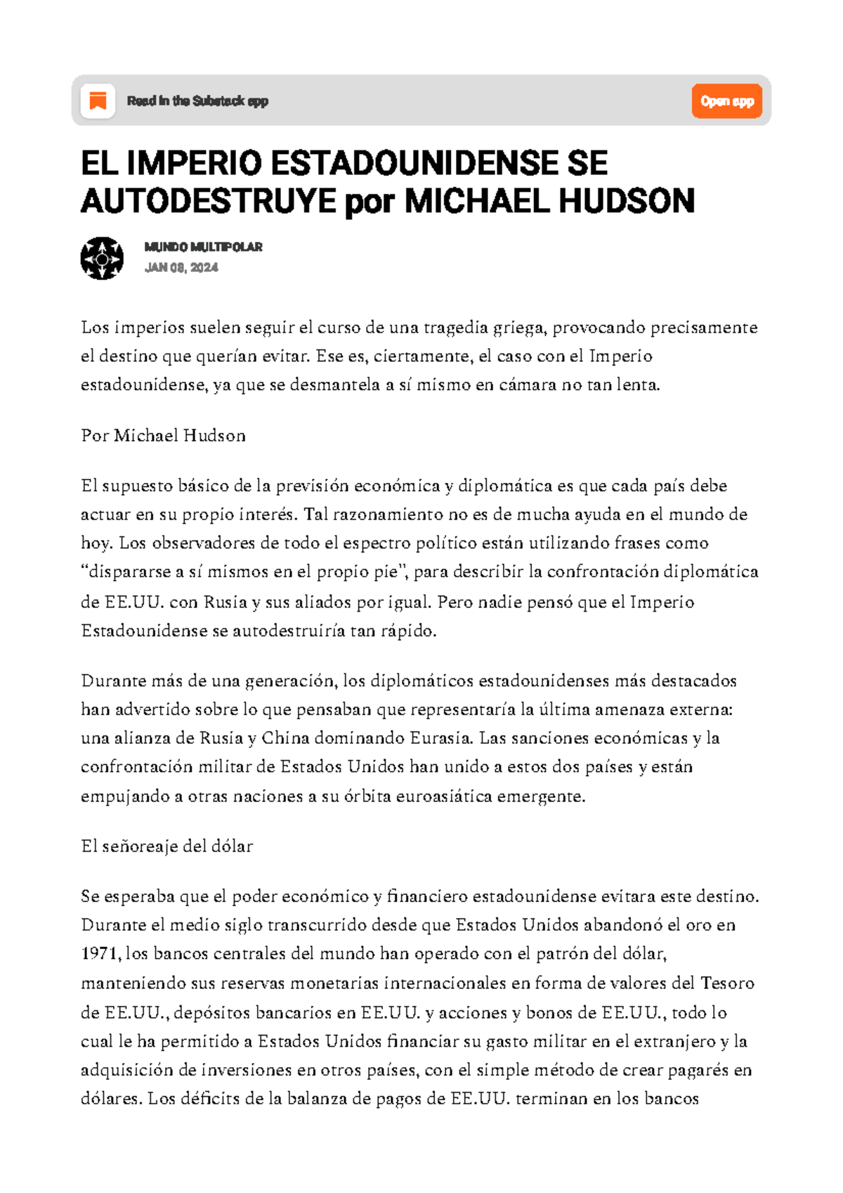 EL Imperio Estadounidense SE Autodestruye por Michael Hudson - Read in the Substack app Open app ...