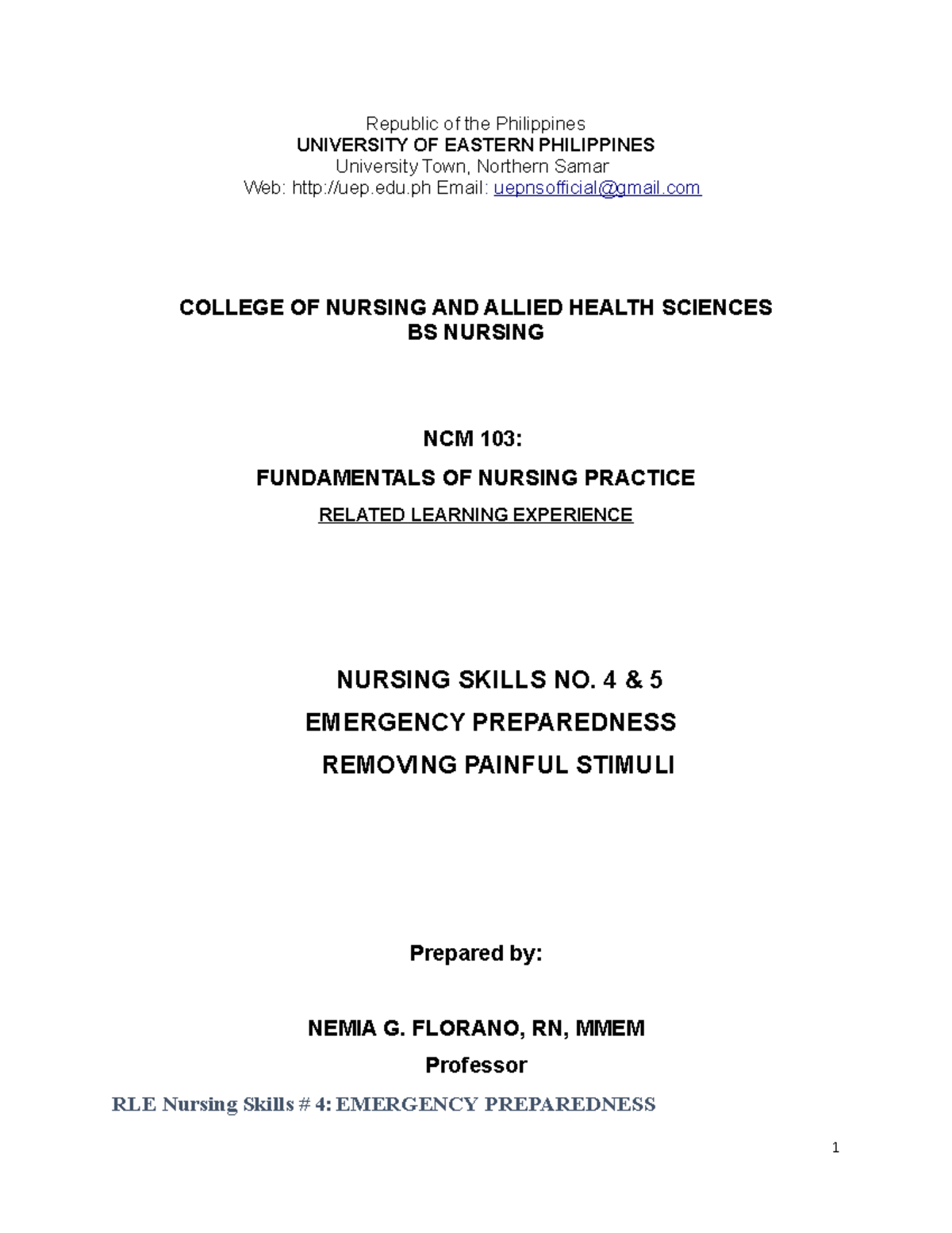 RLE Nursing Skills No - Republic of the Philippines UNIVERSITY OF ...