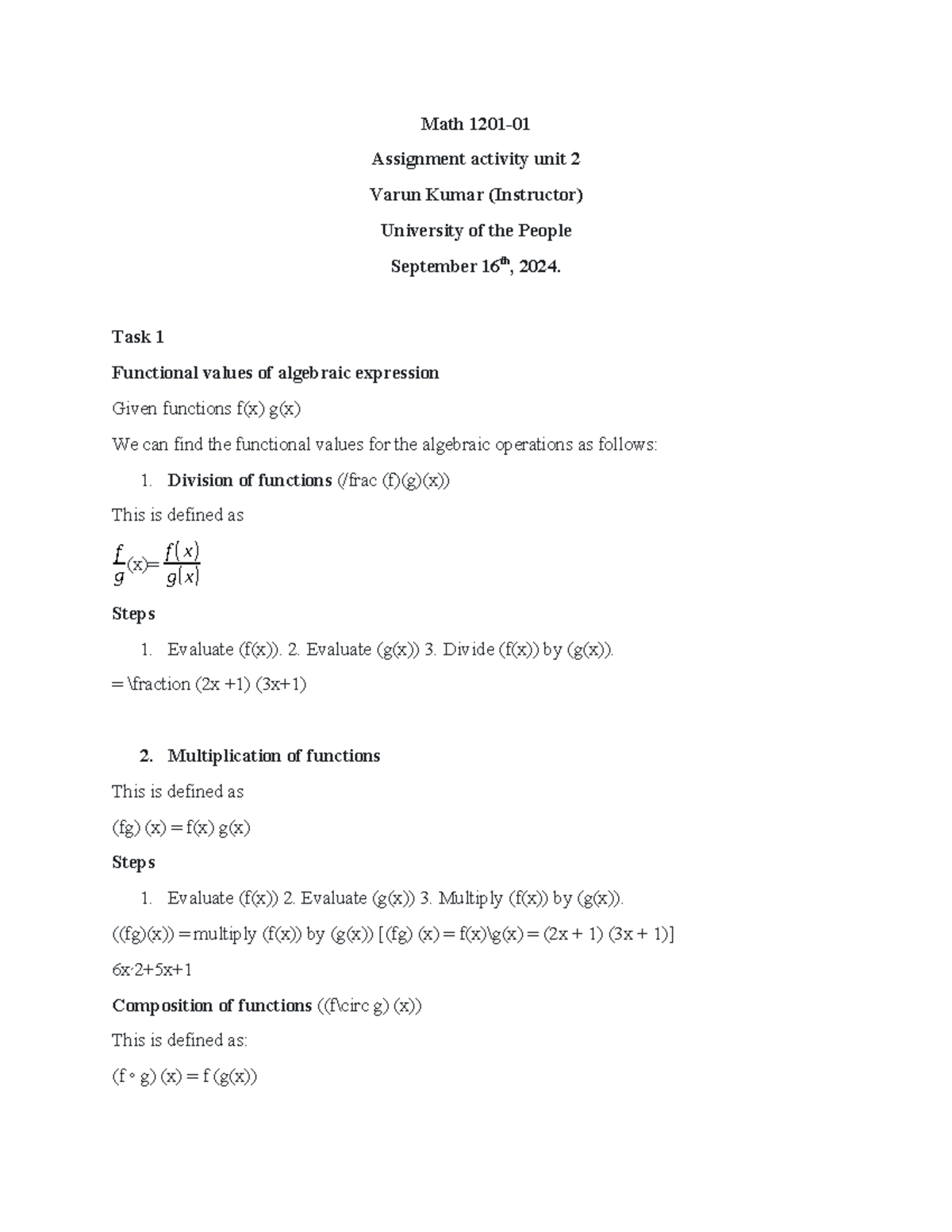 Algebra Ass - ASSIGNMENT UNIT 2 - Math 1201- Assignment activity unit 2 Varun Kumar (Instructor ...