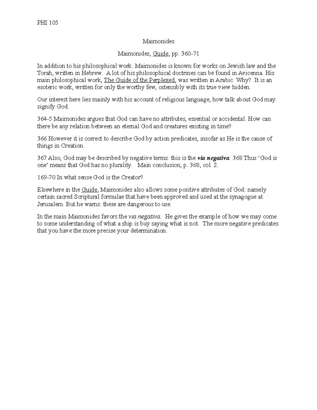 PHI 105 Maimonides - PHI 105 Maimonides Maimonides, Guide, pp. 360- In ...