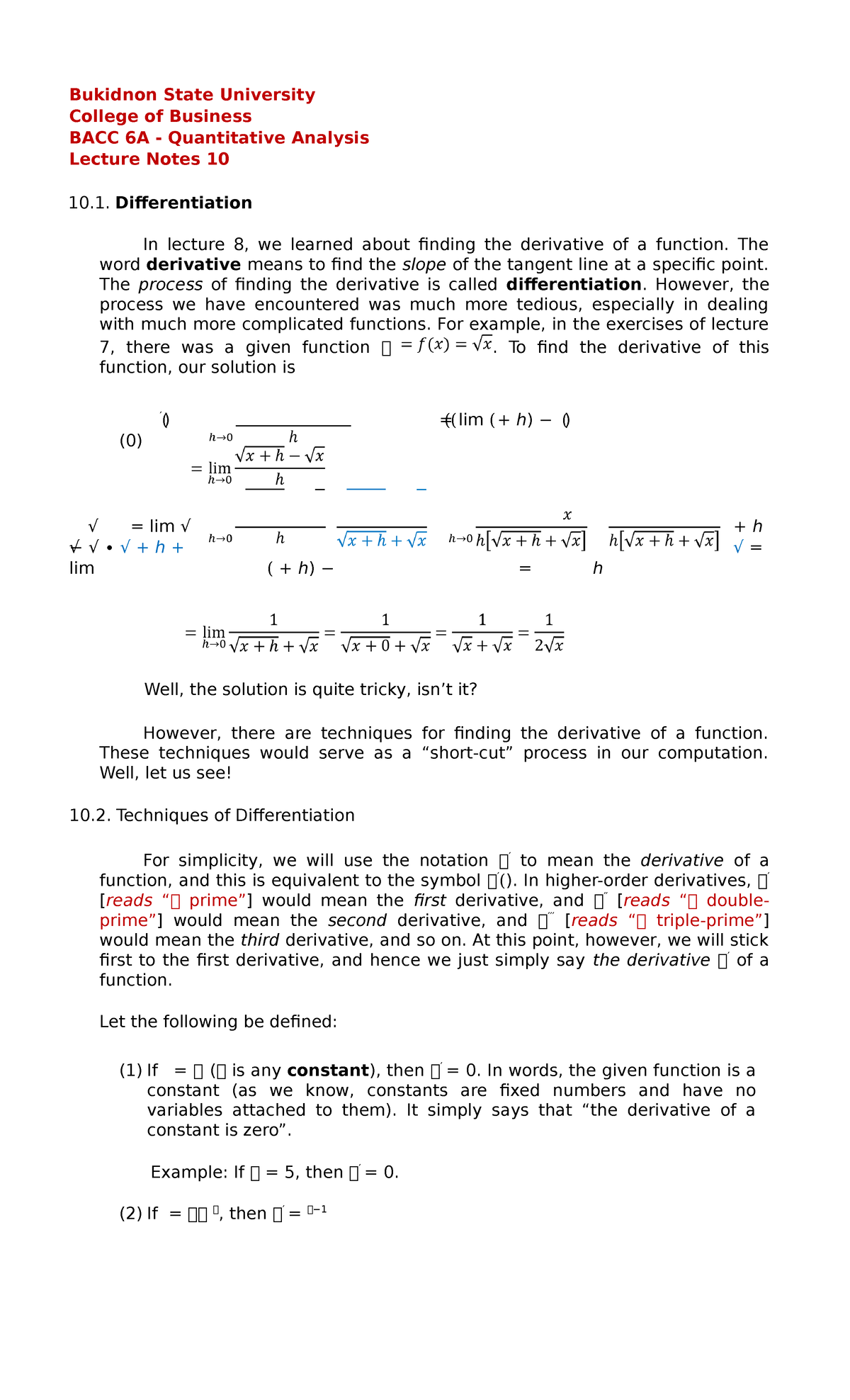 Quantitative Analysis Lecture Notes 10 - Differentiation - BSU - Studocu