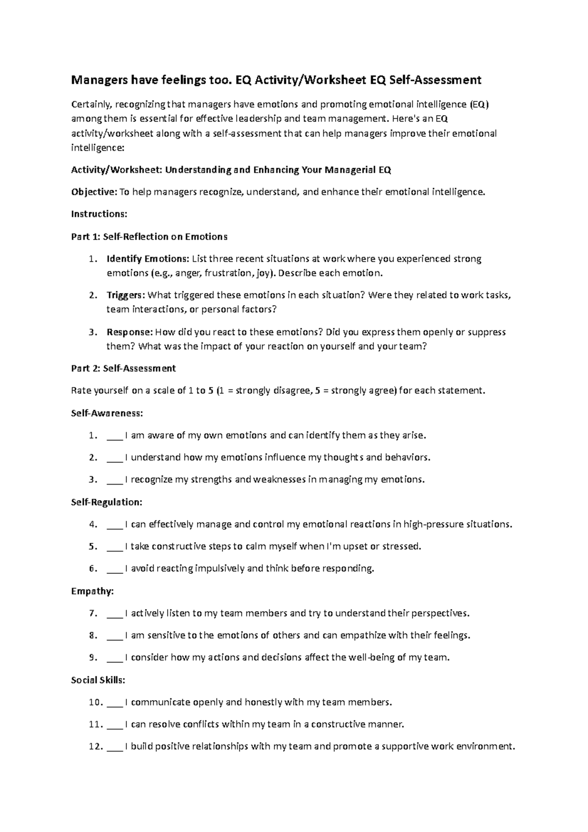 EQA-Sheet (Pers.) - Managers have feelings too. EQ Activity/Worksheet ...