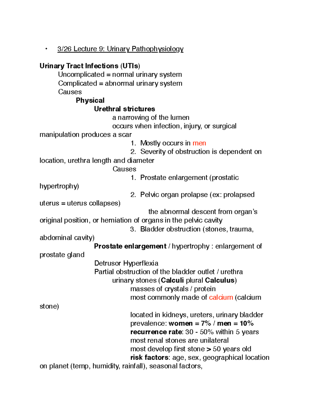 Exam 3 notes + key terms - 3/26 Lecture 9: Urinary Pathophysiology ...