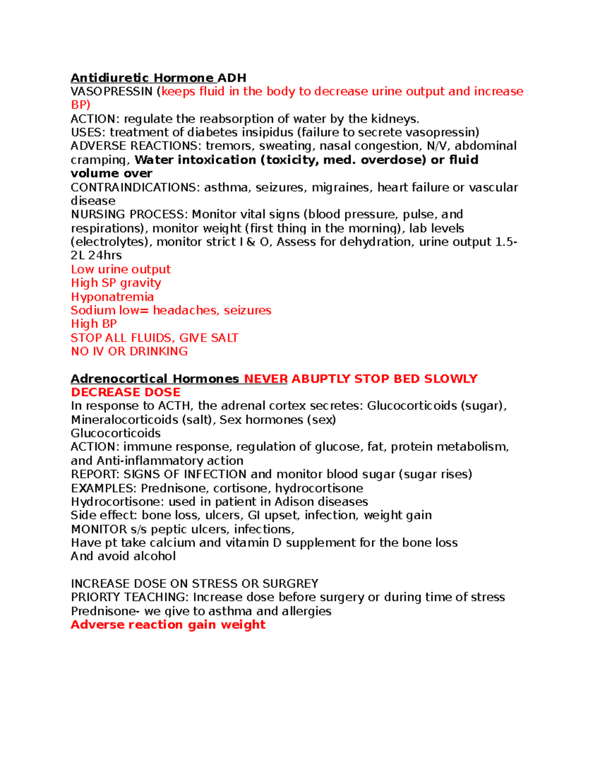 EXAM 2 Pharm MAIN - notes - Antidiuretic Hormone ADH VASOPRESSIN (keeps ...