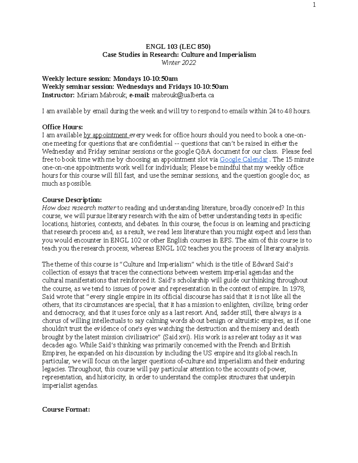 ENGL 103-LEC 850 syllabus Winter 2022 Miriam Mabrouk - ENGL 103 (LEC ...