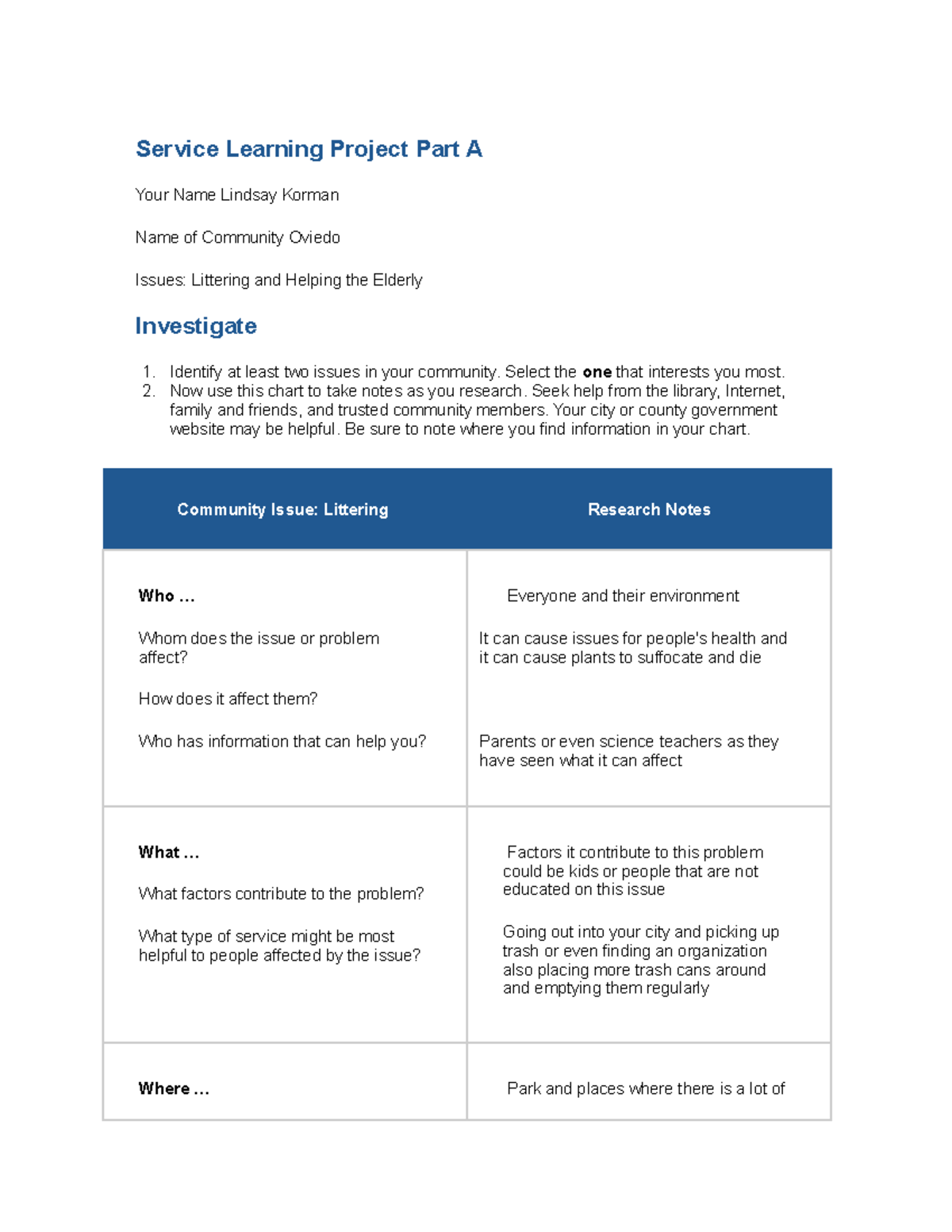 Service Learning Project Part A - Select the one that interests you ...