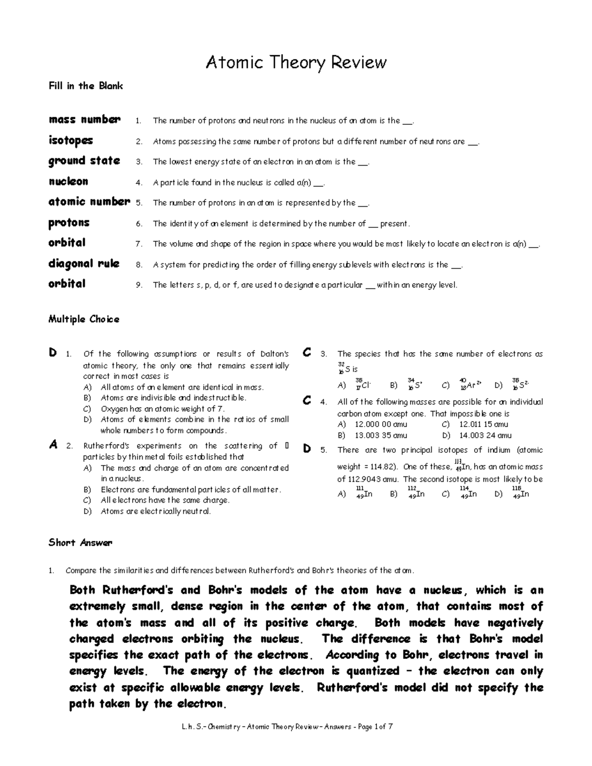 Atomic Rev Que Answers - Practice with key - Atomic Theory Review ...