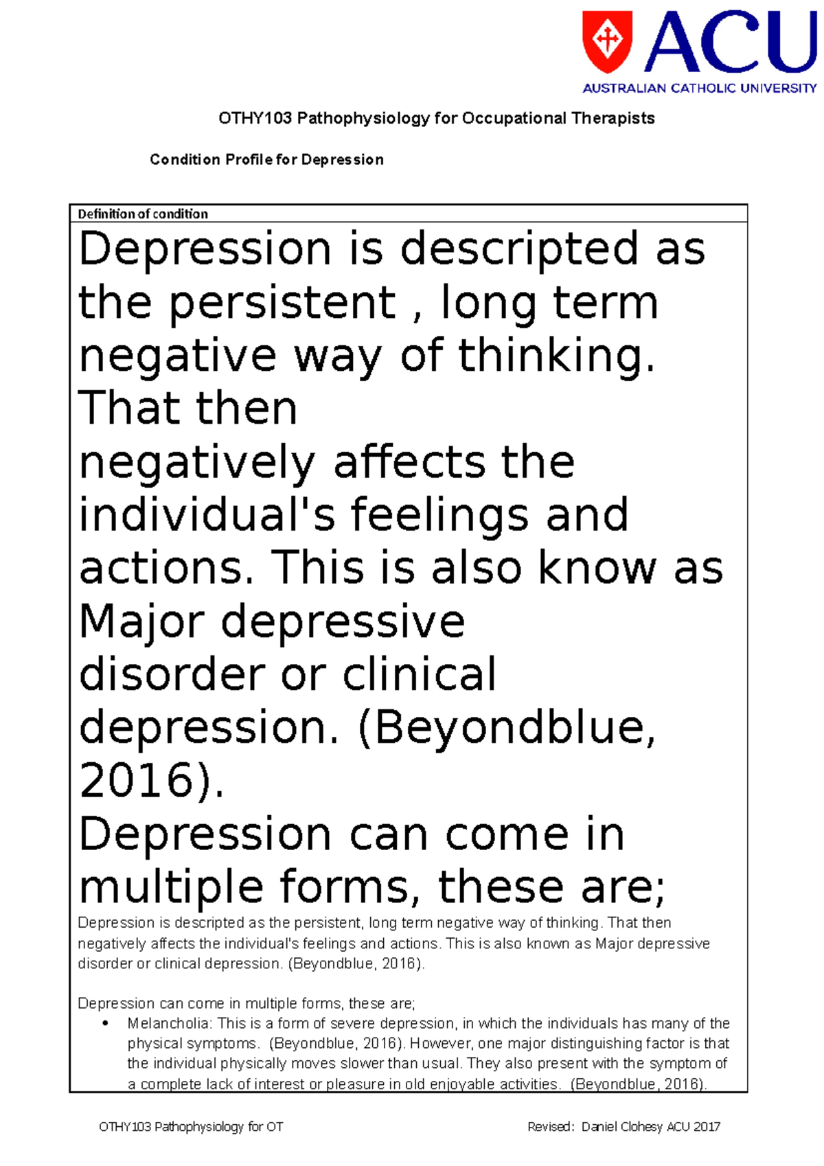 Condition Profile Week 8 - OTHY103 Pathophysiology for Occupational ...