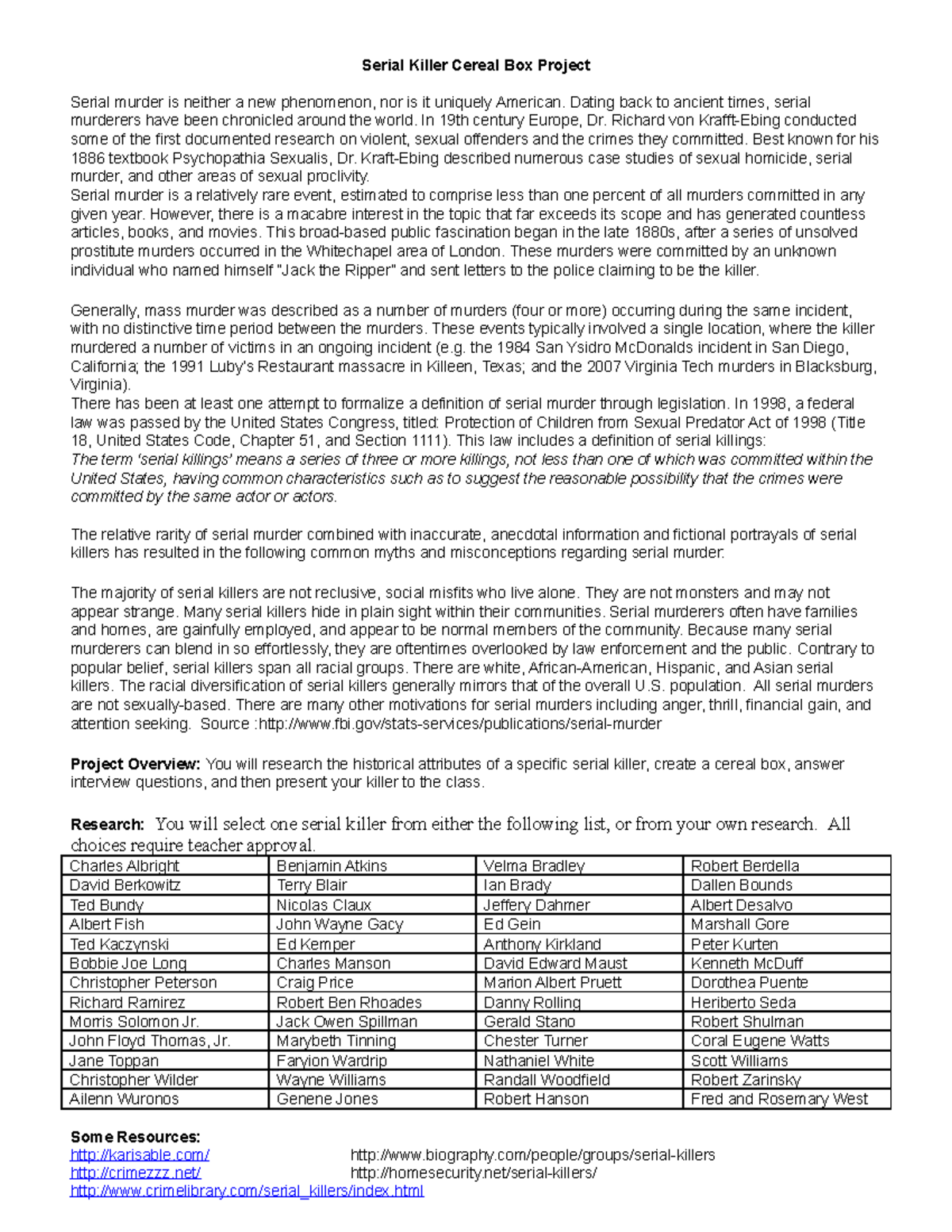 Serial killer project - I need this in order to complete my paper ...