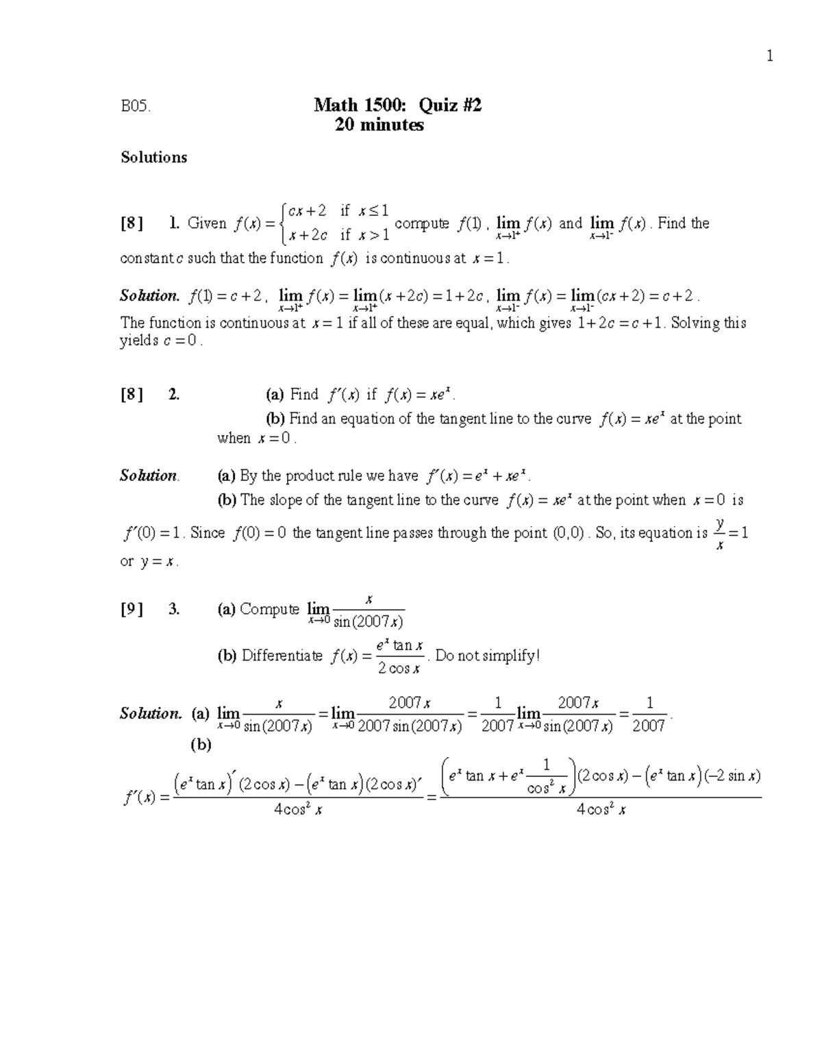 Quiz2 B05 Solutions - Solution - 1 B05. Math 1500: Quiz 20 minutes ...