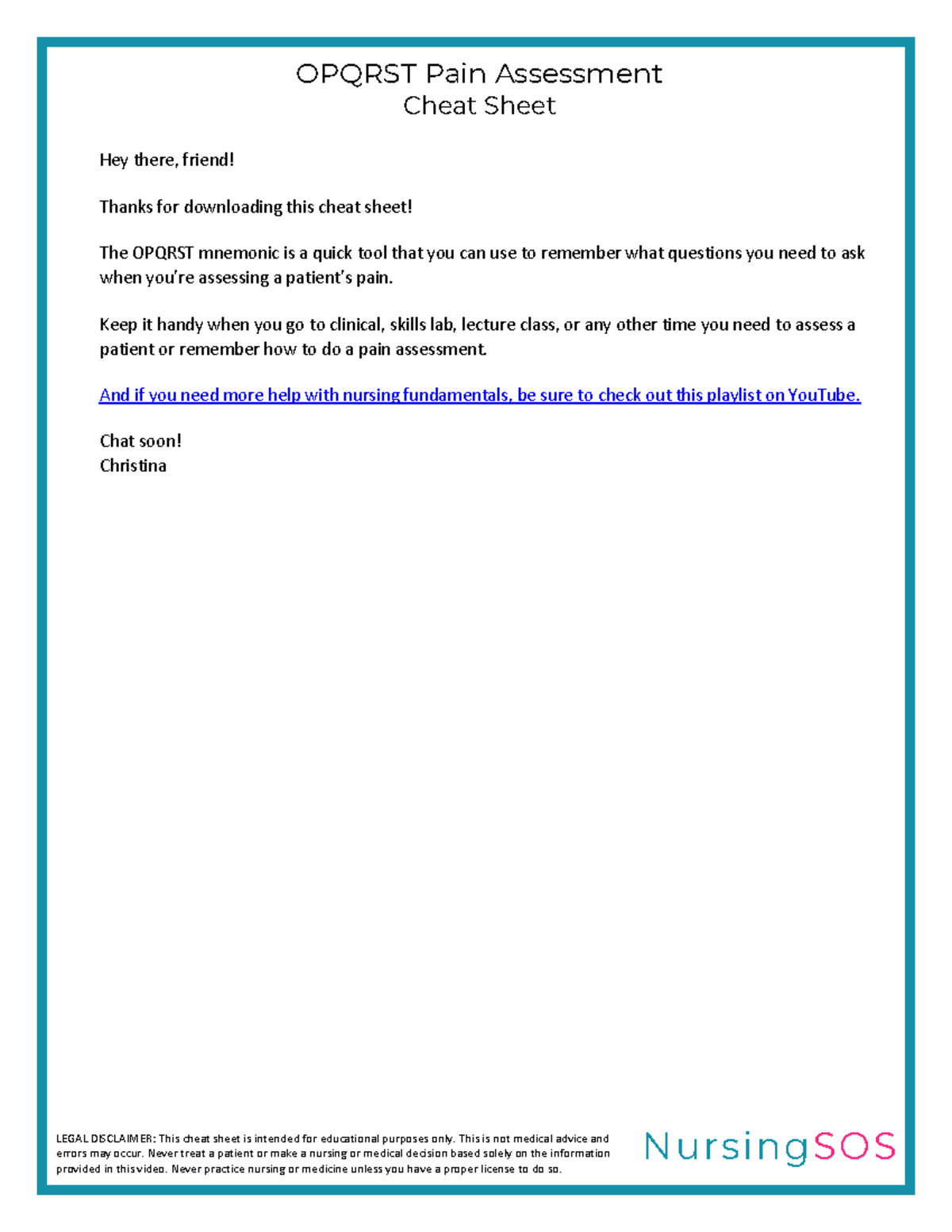 Opqrst Pain Assessment Cheat Sheet - OPQRST Pain Assessment Cheat Sheet ...