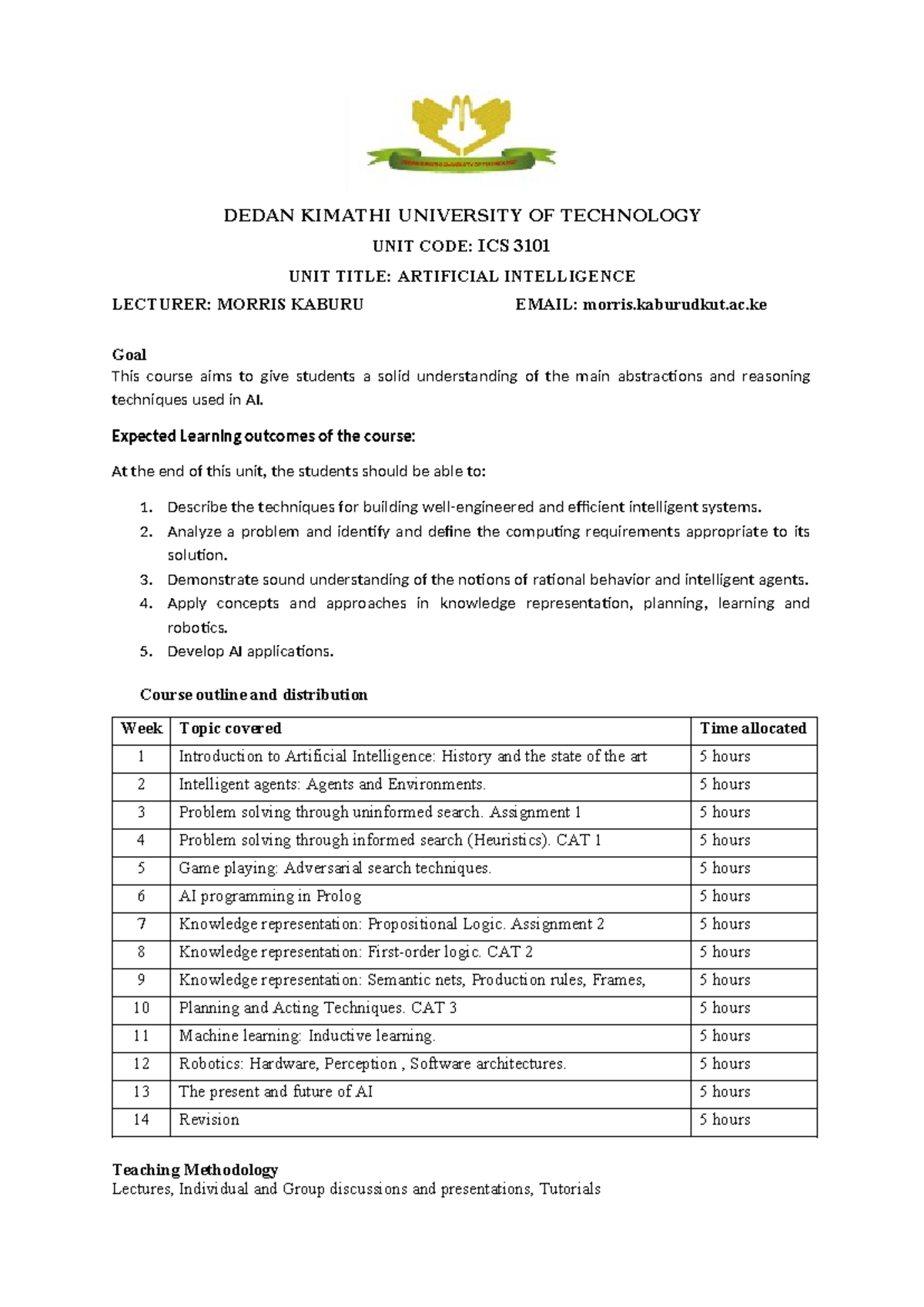 CCS 3101 Artificial Intelligence Course Outline - DEDAN KIMATHI ...