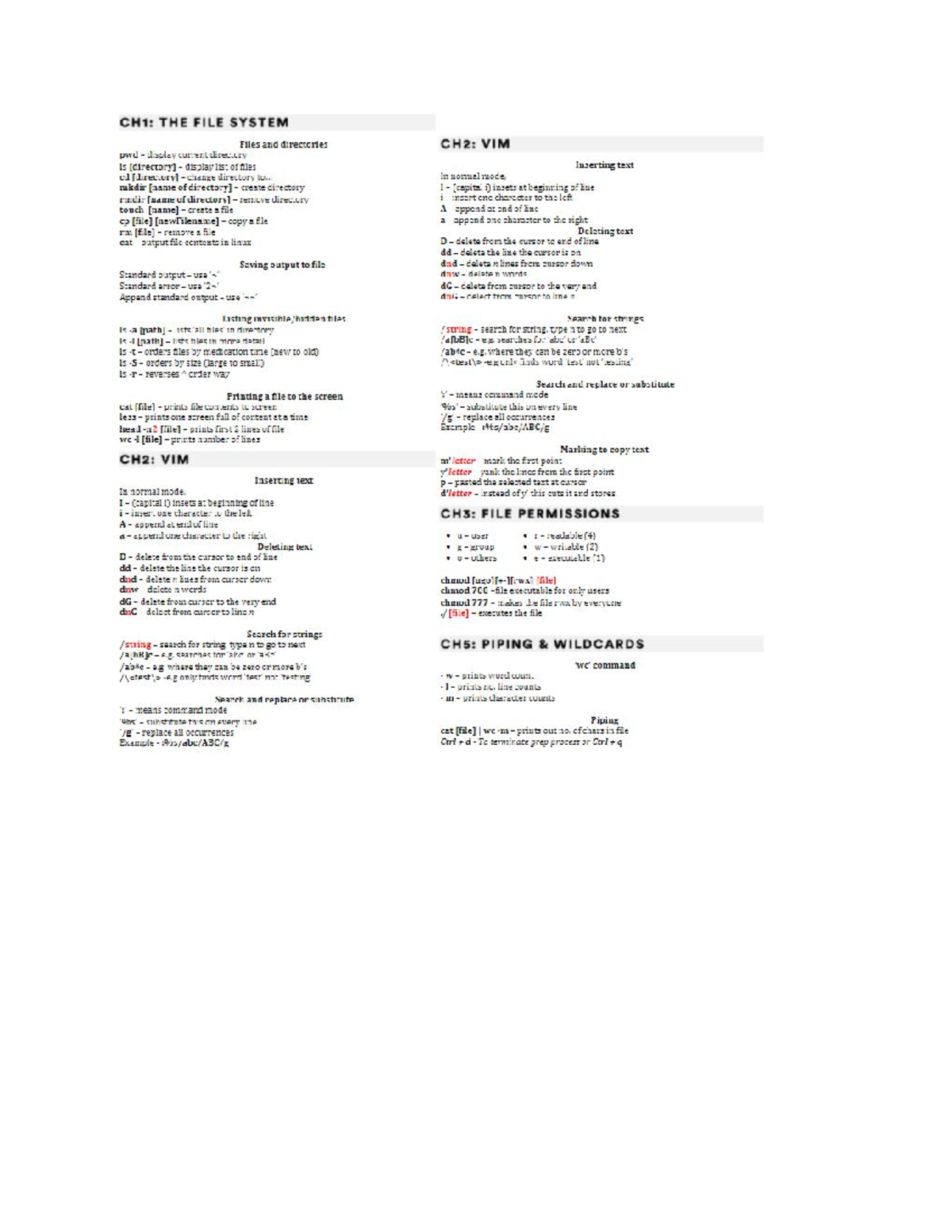 Skill Test Cheat Sheet Ch1 The File System Files And Directories Ch2 Vim Pwd Display Current