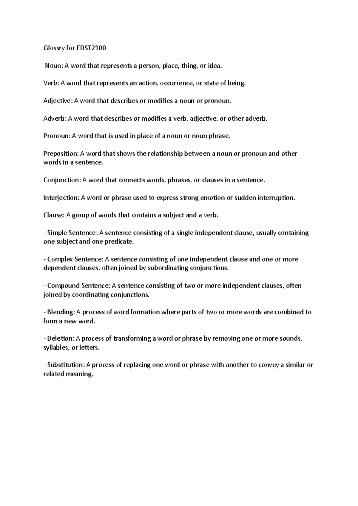 Glossry for EDST2100 - Glossry for EDST Noun: A word that represents a ...