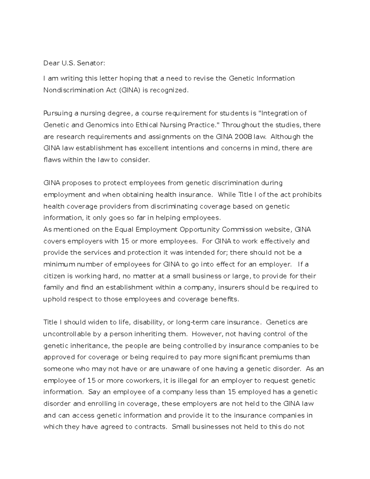 NUR 3306 Senator Letter 2 - Dear U. Senator: I am writing this letter ...