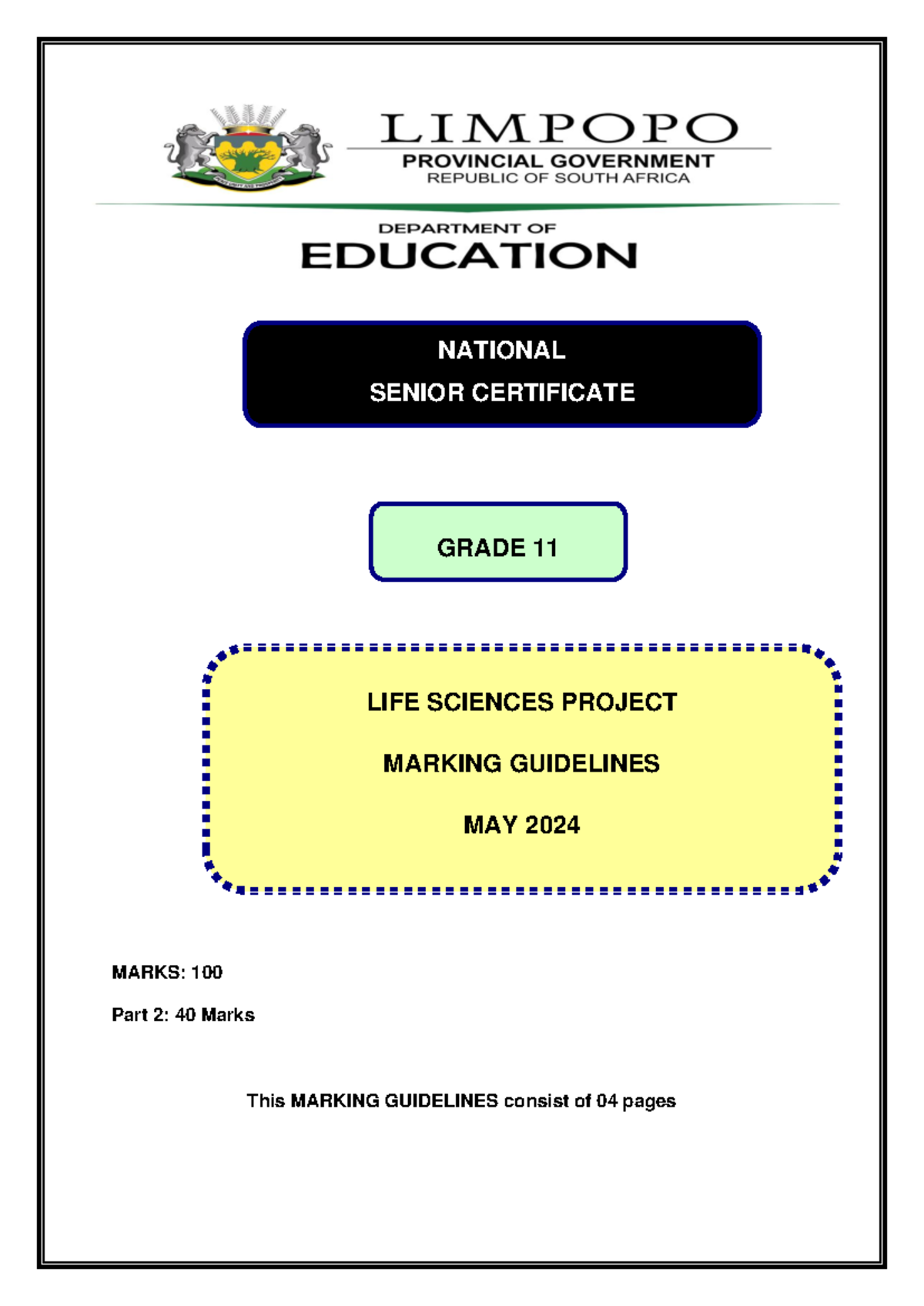 2024 05 07 LIM2024 LFSC Gr11 Project Part2 MG ENG - MARKS: 10 0 Part 2: 40 Marks This MARKING ...