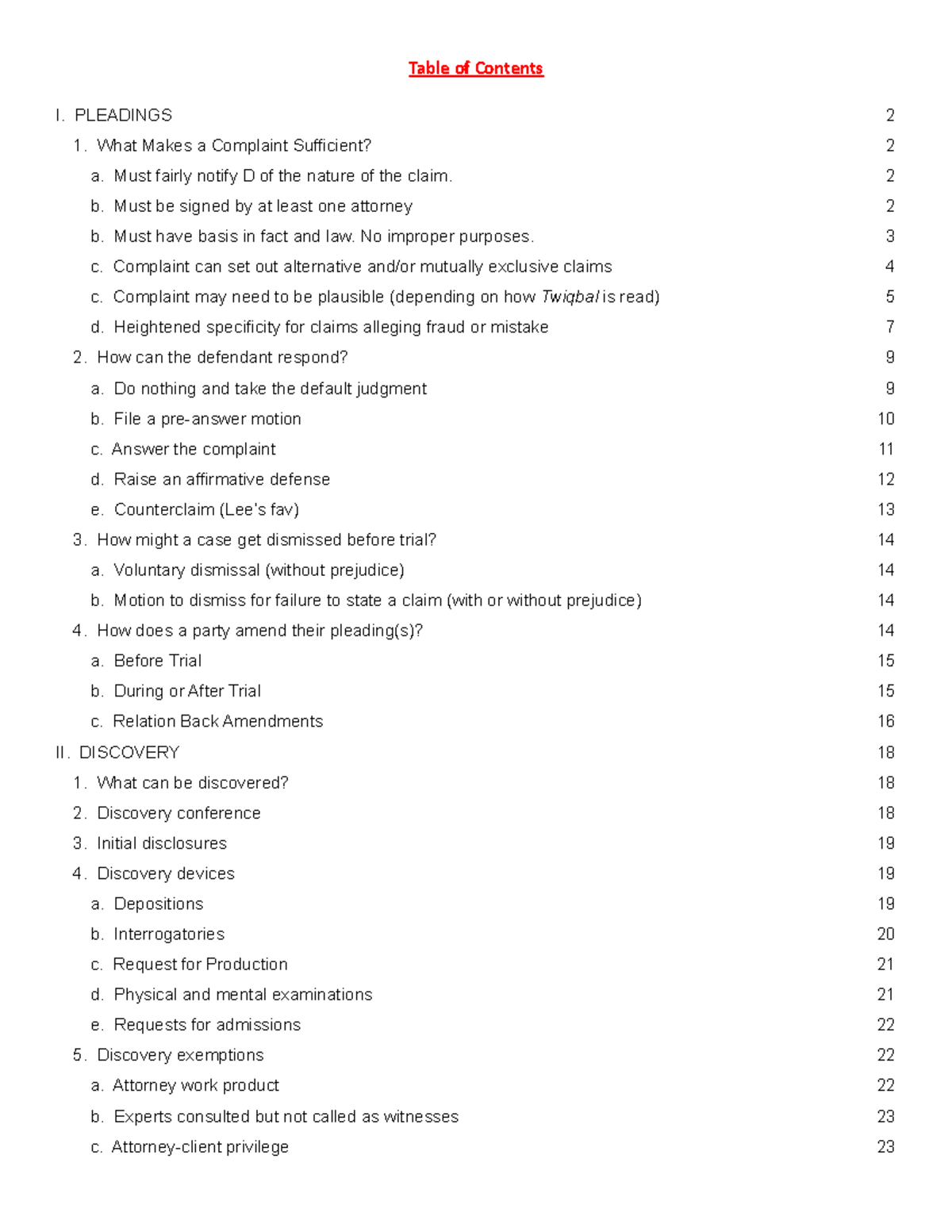 Civil Procedure Outline - Table of Contents I. PLEADINGS What Makes a ...