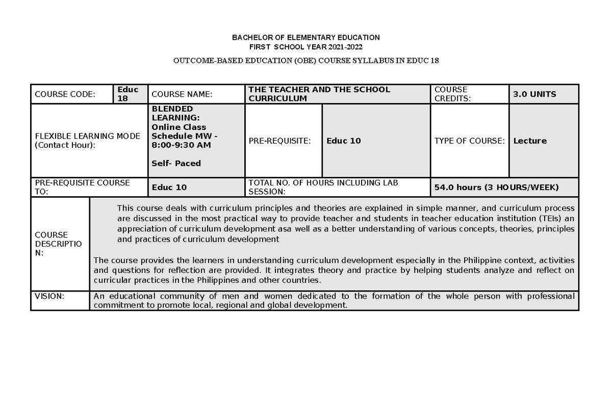 syllabus school work - FIRST SCHOOL YEAR 2021- OUTCOME-BASED EDUCATION ...