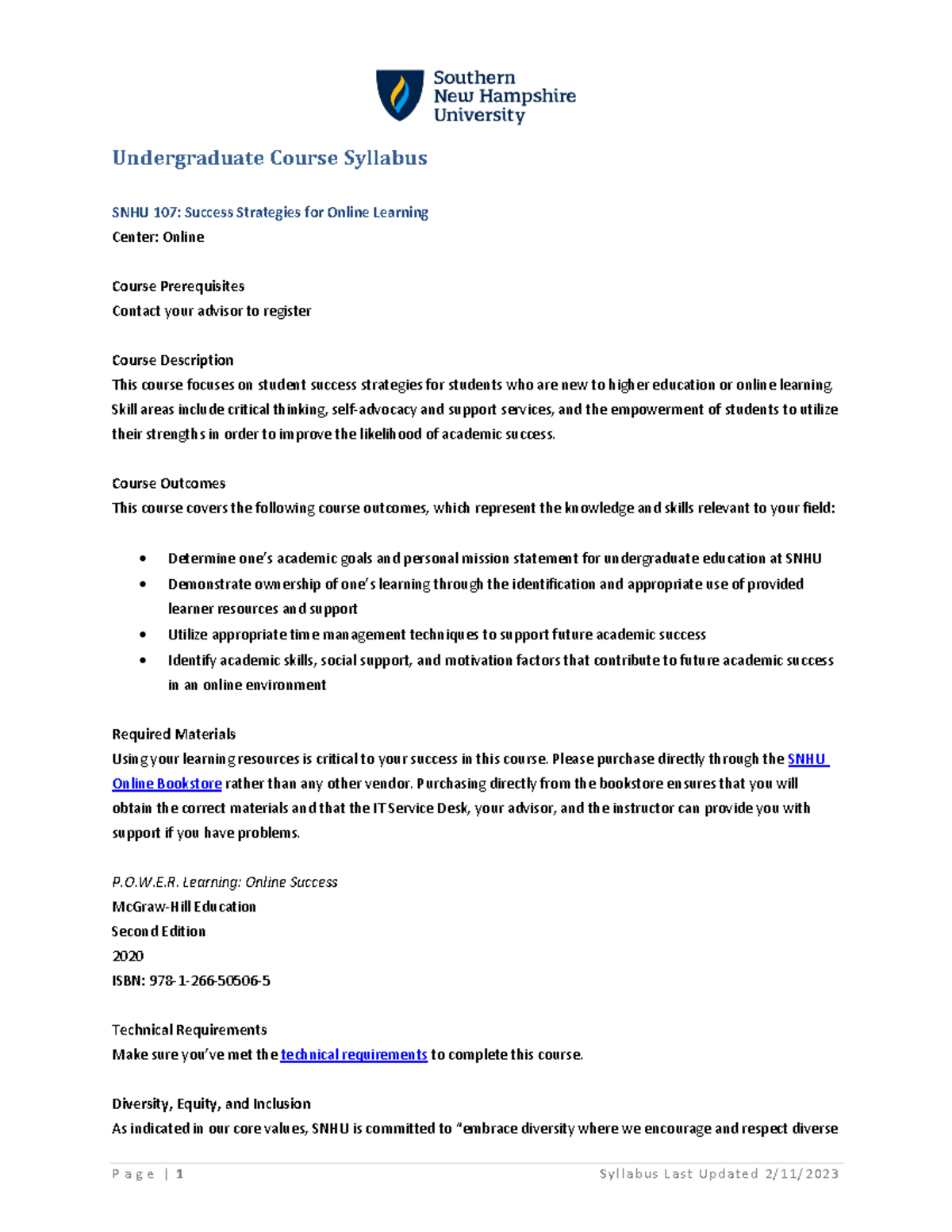 SNHU 107 Syllabus - Undergraduate Course Syllabus SNHU 107: Success ...