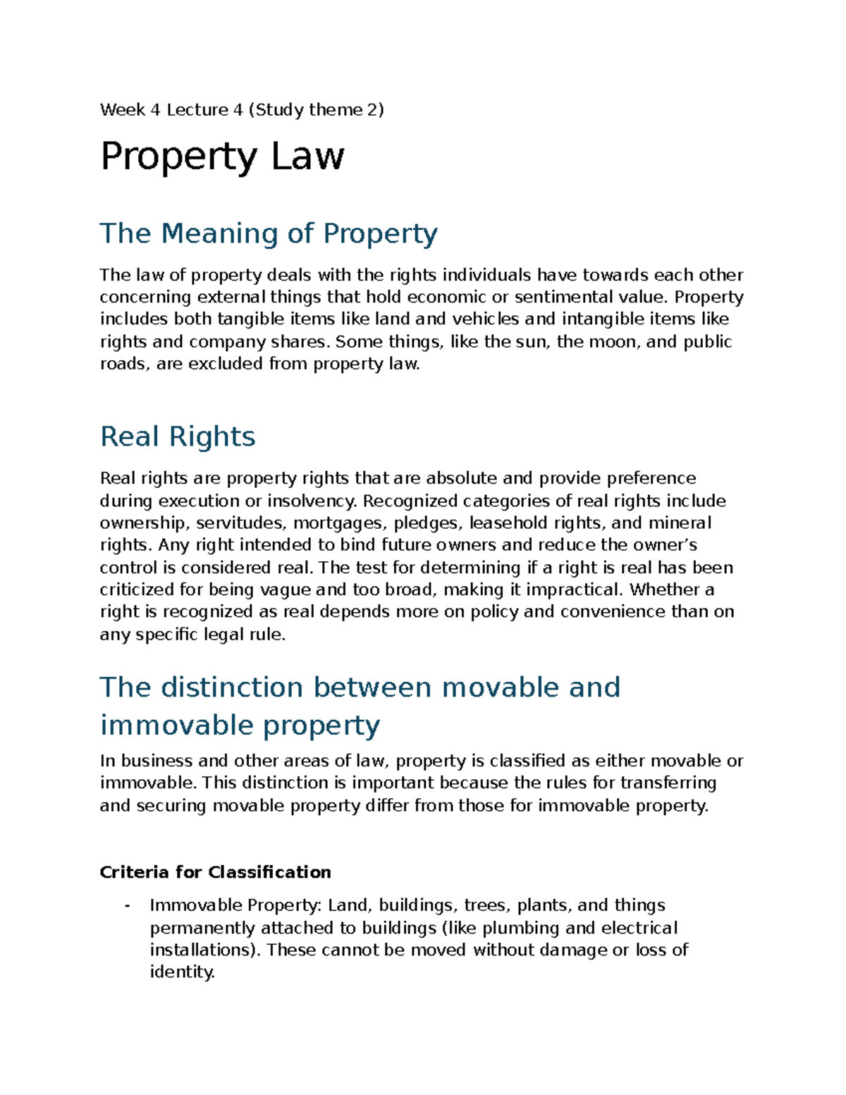Property Law week 4 - Week 4 Lecture 4 (Study theme 2) Property Law The ...