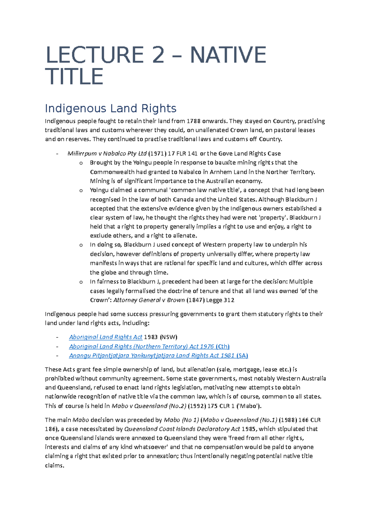 2 - Native Title - Notes - LAWS2200 - MQ - Studocu