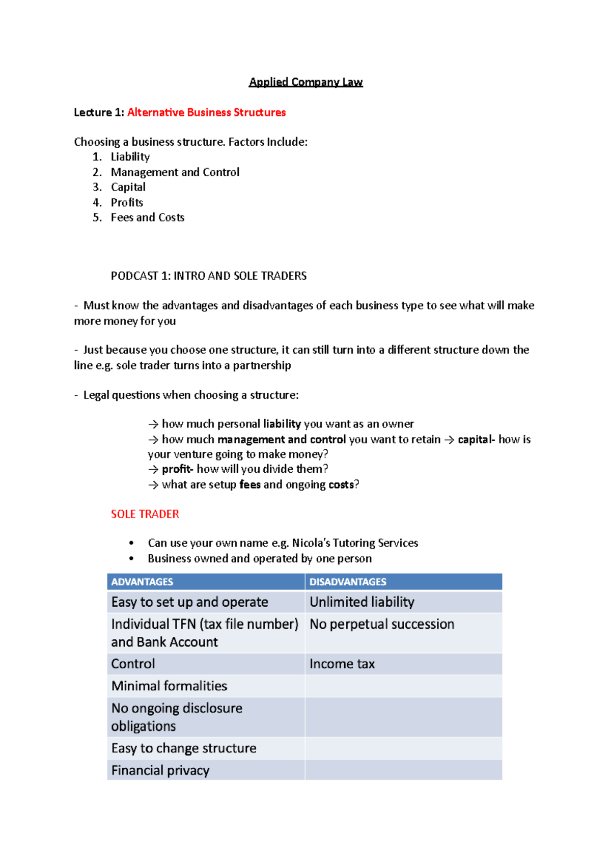 Applied Company Law - Lecture notes Lec 1-3 - Applied Company Law ...