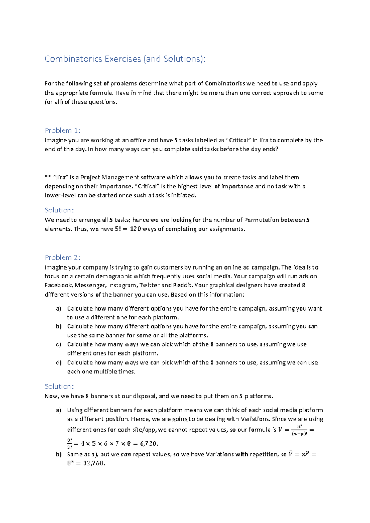 Additionalexercisescombinatoricssolutions Combinatorics Exercises And Solutions For The
