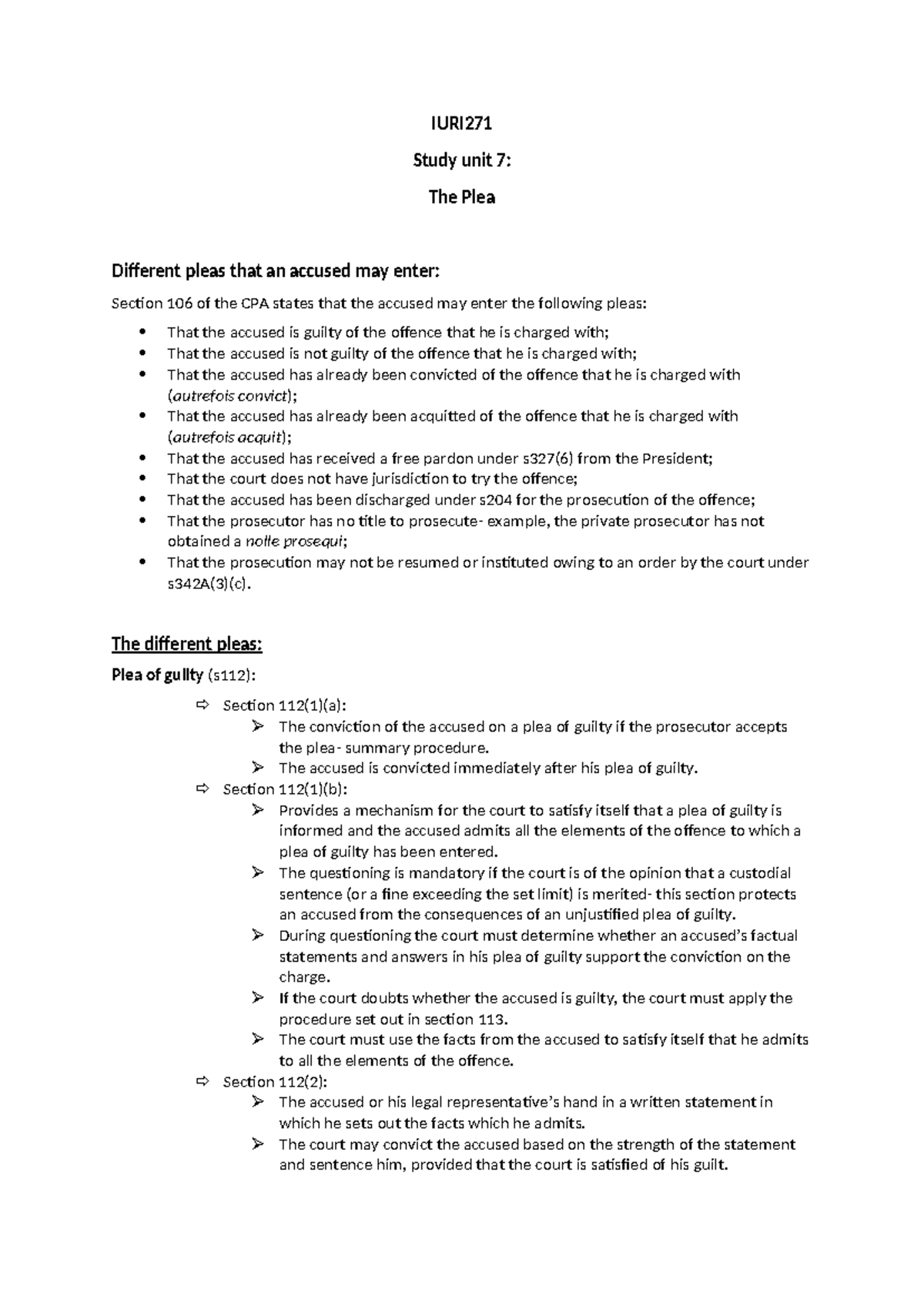 IURI271- Study Unit 7 - The Plea - IURI Study unit 7: The Plea ...