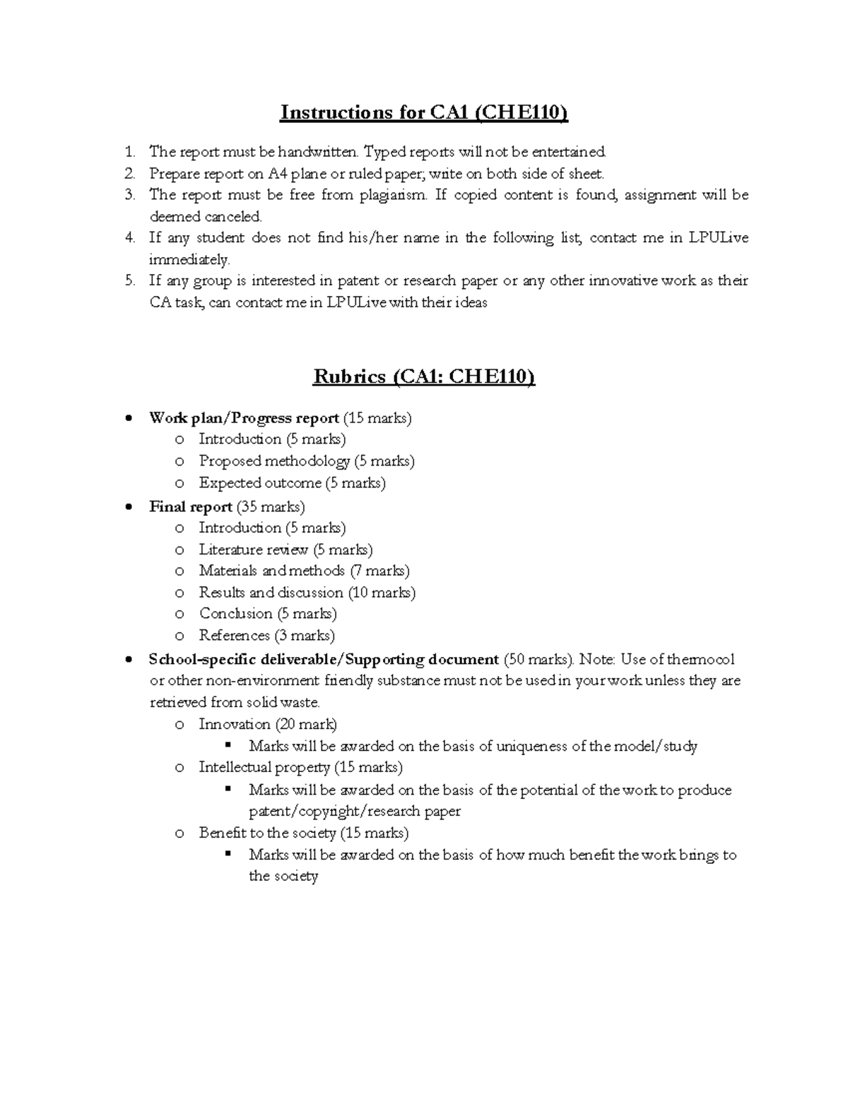 Ca1 Instructions And Rubrics Instructions For Ca1 Che110 The Report Must Be Handwritten
