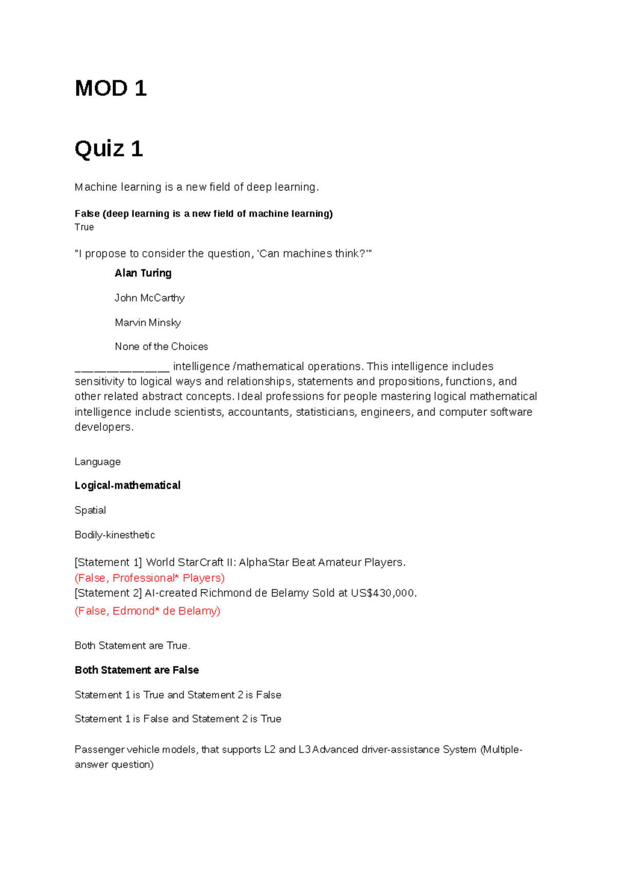 Ai - Ai module 1 - MOD 1 Quiz 1 Machine learning is a new field of deep ...