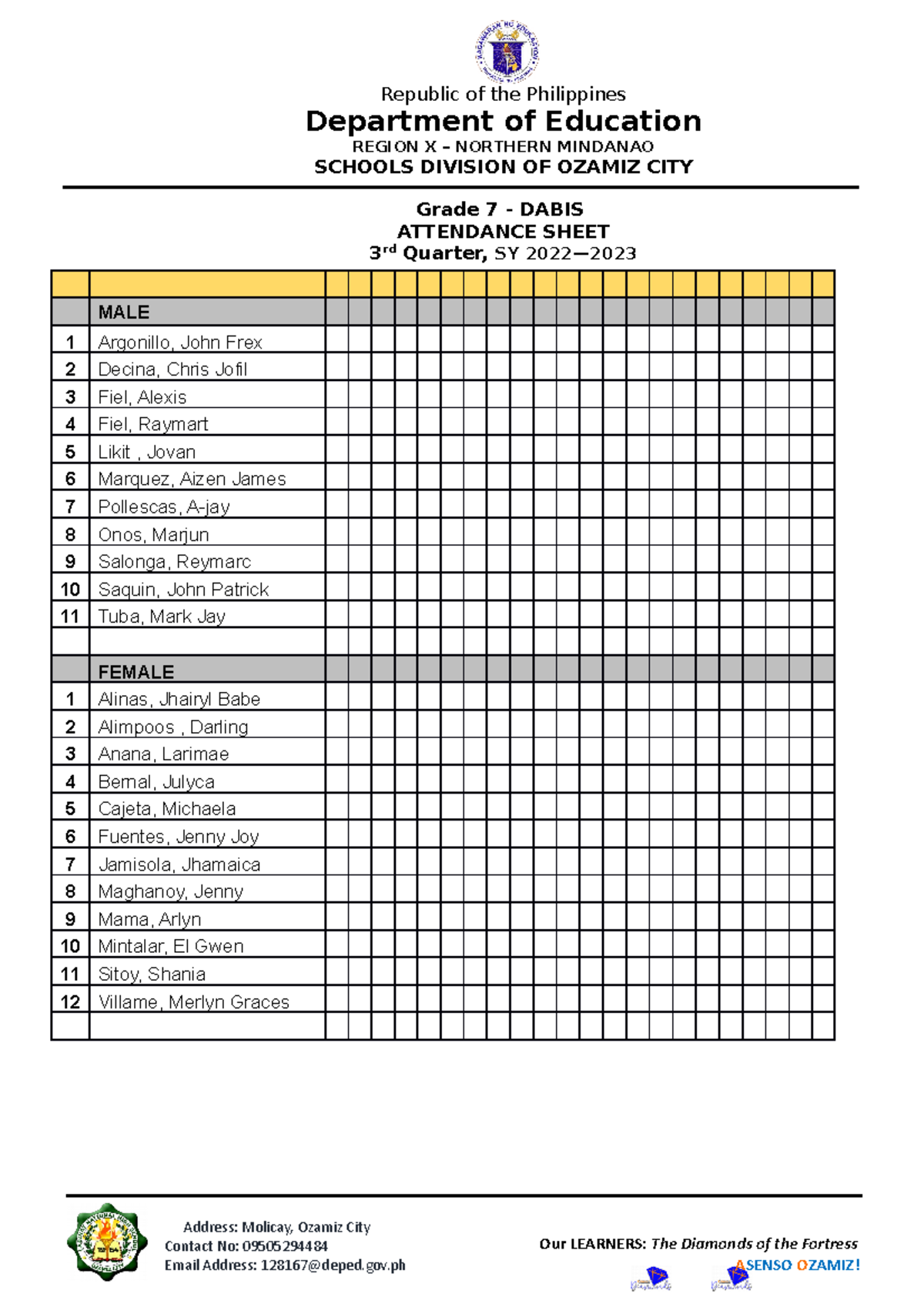 Attendance SY 2022-2023 - Department of Education REGION X – NORTHERN ...