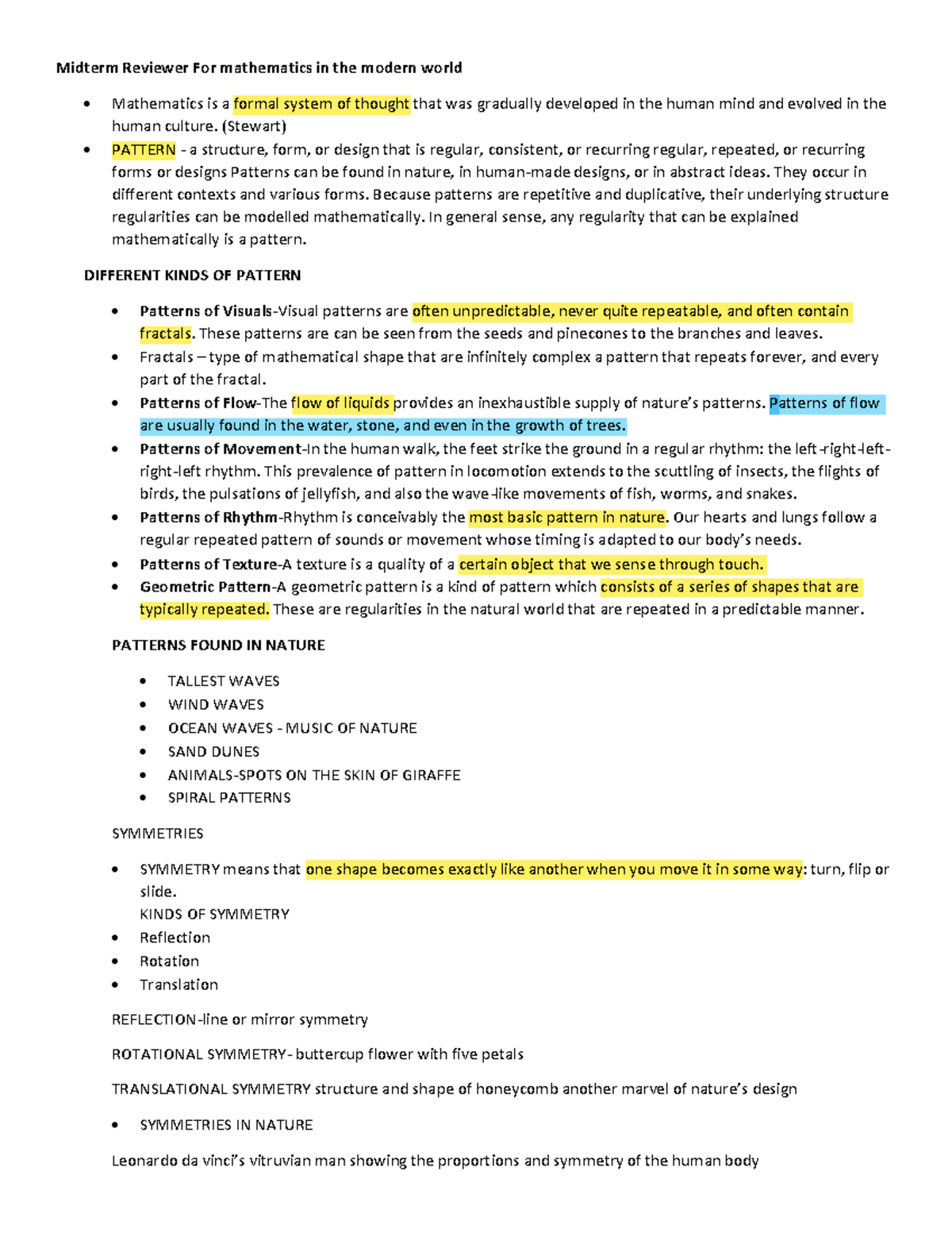 Midterm Reviewer For mathematics in the modern world - (Stewart) - PATTERN - a structure, form ...