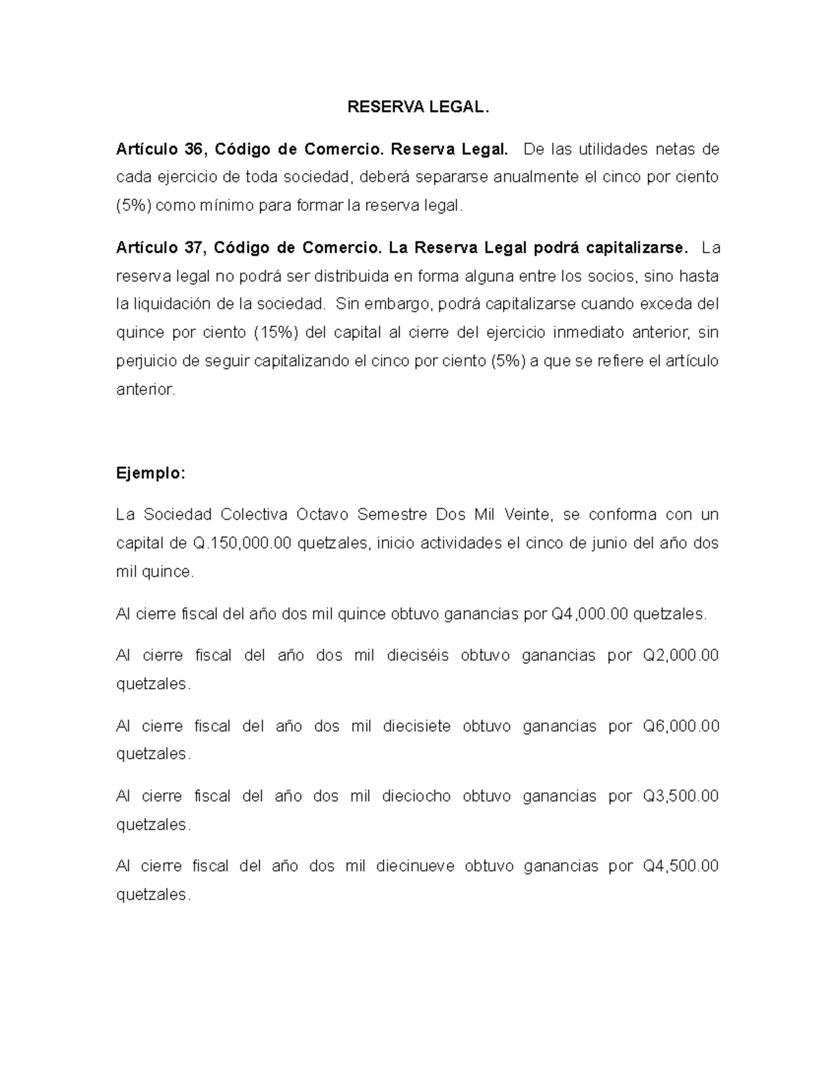 Reserva Legal - RESERVA LEGAL. Artículo 36, Código de Comercio. Reserva ...
