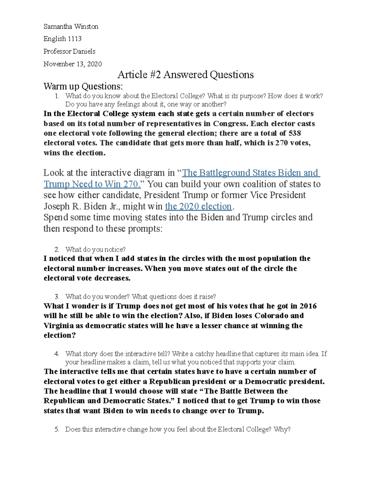 Article #2 answered questions - English 1113 Professor Daniels November ...