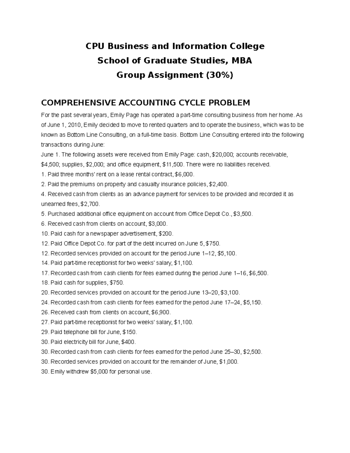 Assignment I comprehensive accounting cycle - CPU Business and ...