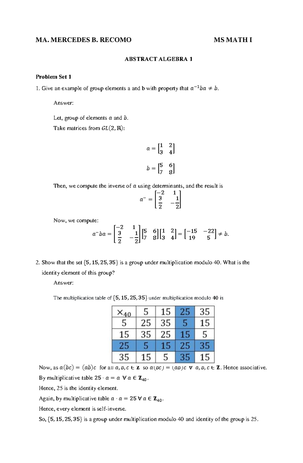 Problem Set 1 - A big help to students - MA. MERCEDES B. RECOMO MS MATH ...